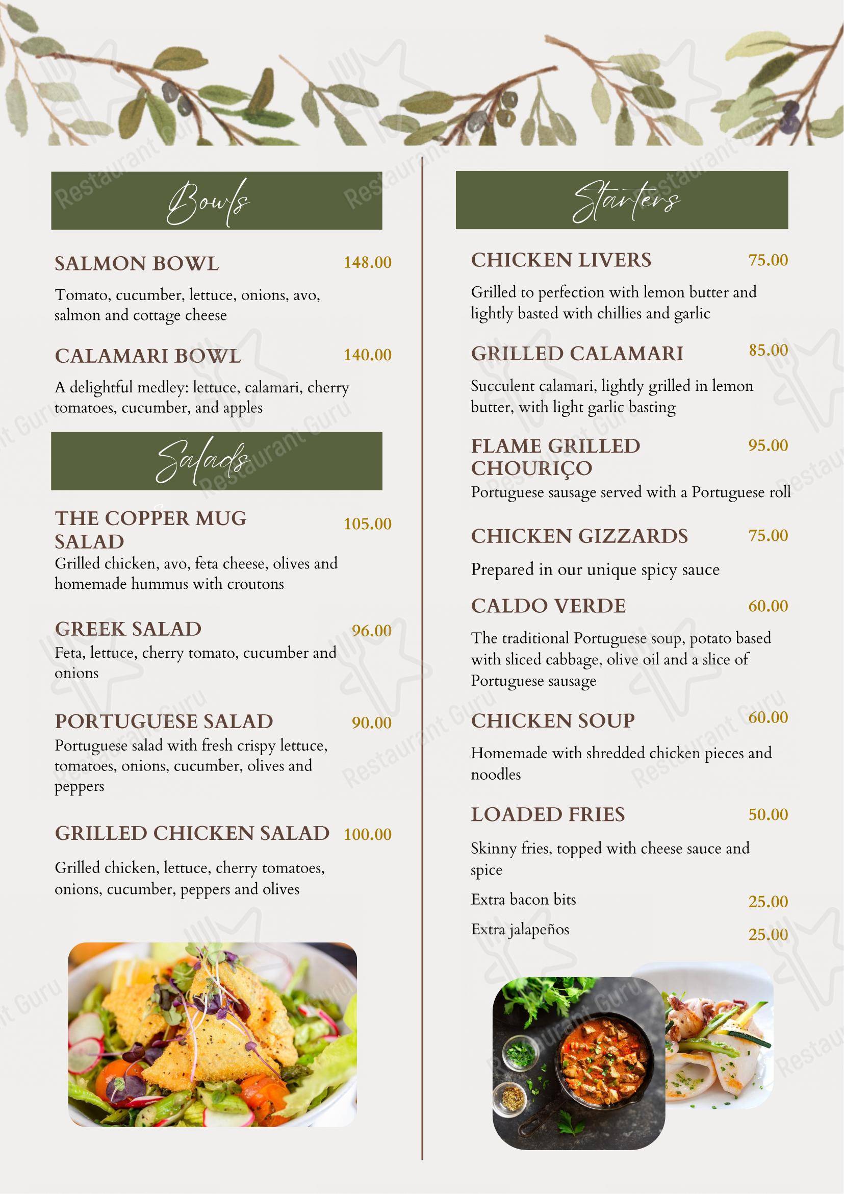 Menu at The Copper Mug restaurant, Johannesburg South