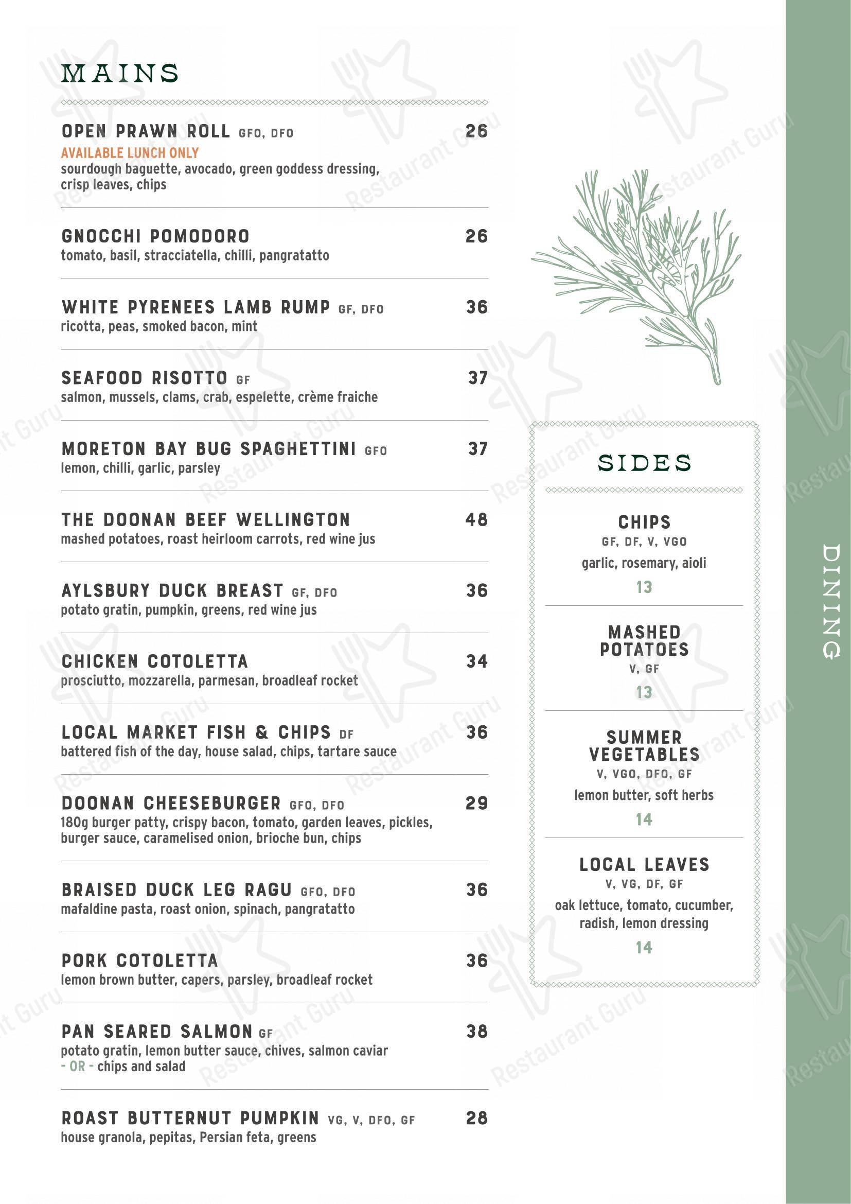 Menu at The Doonan restaurant, Australia