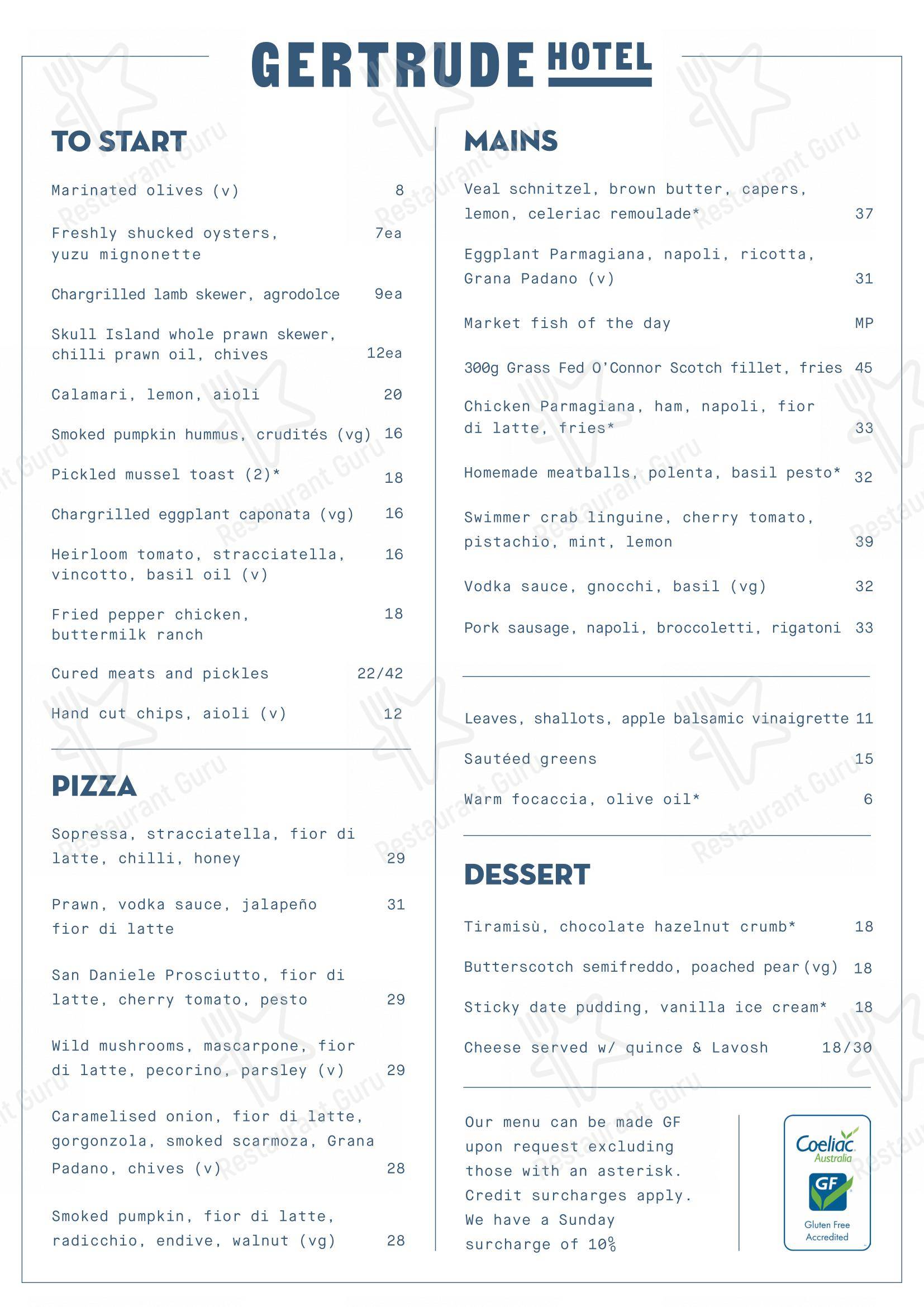 Menu at The Gertrude Hotel restaurant, Fitzroy