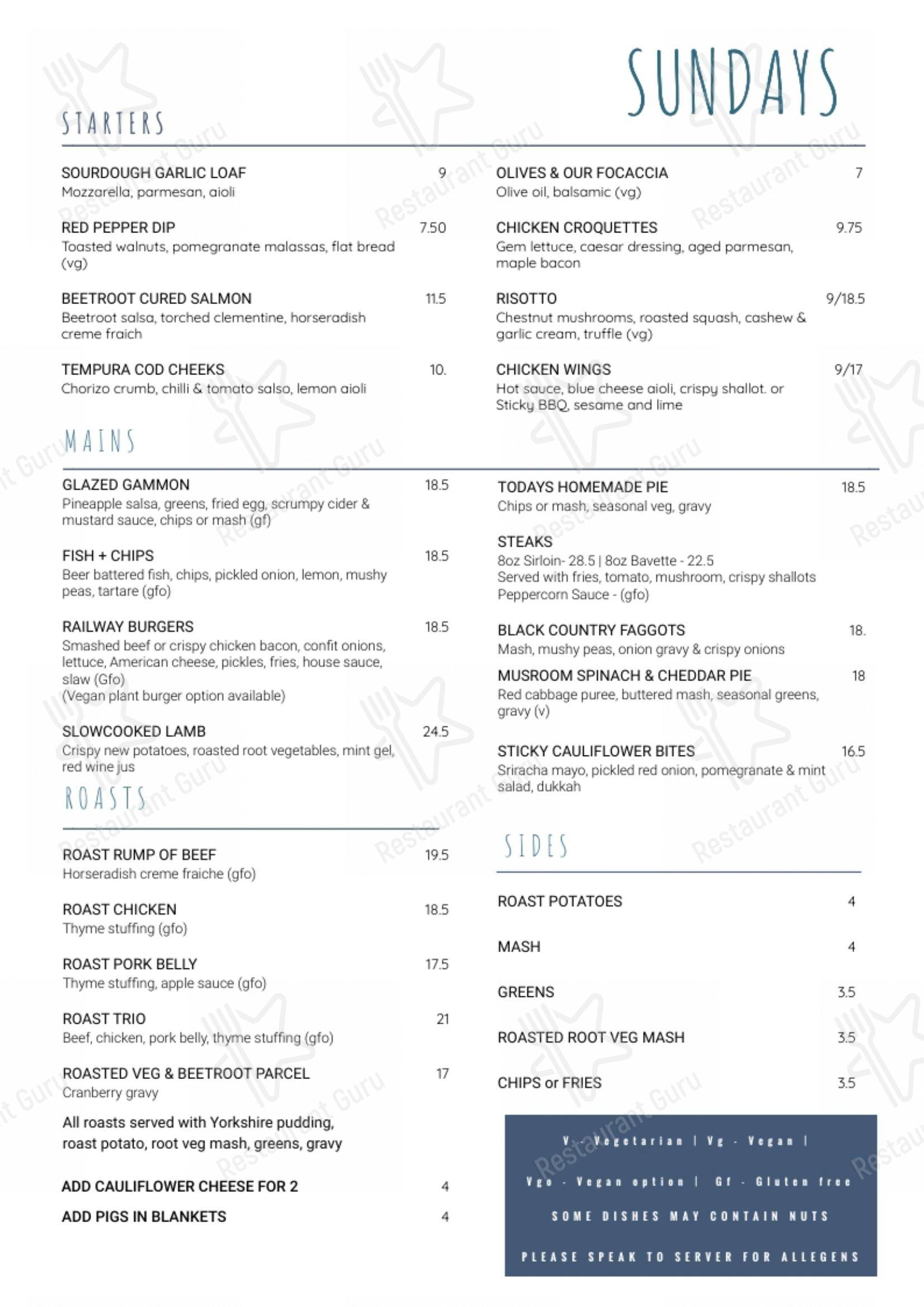 Menu at The Railway Inn pub & bar, Solihull, Packwood Cottages