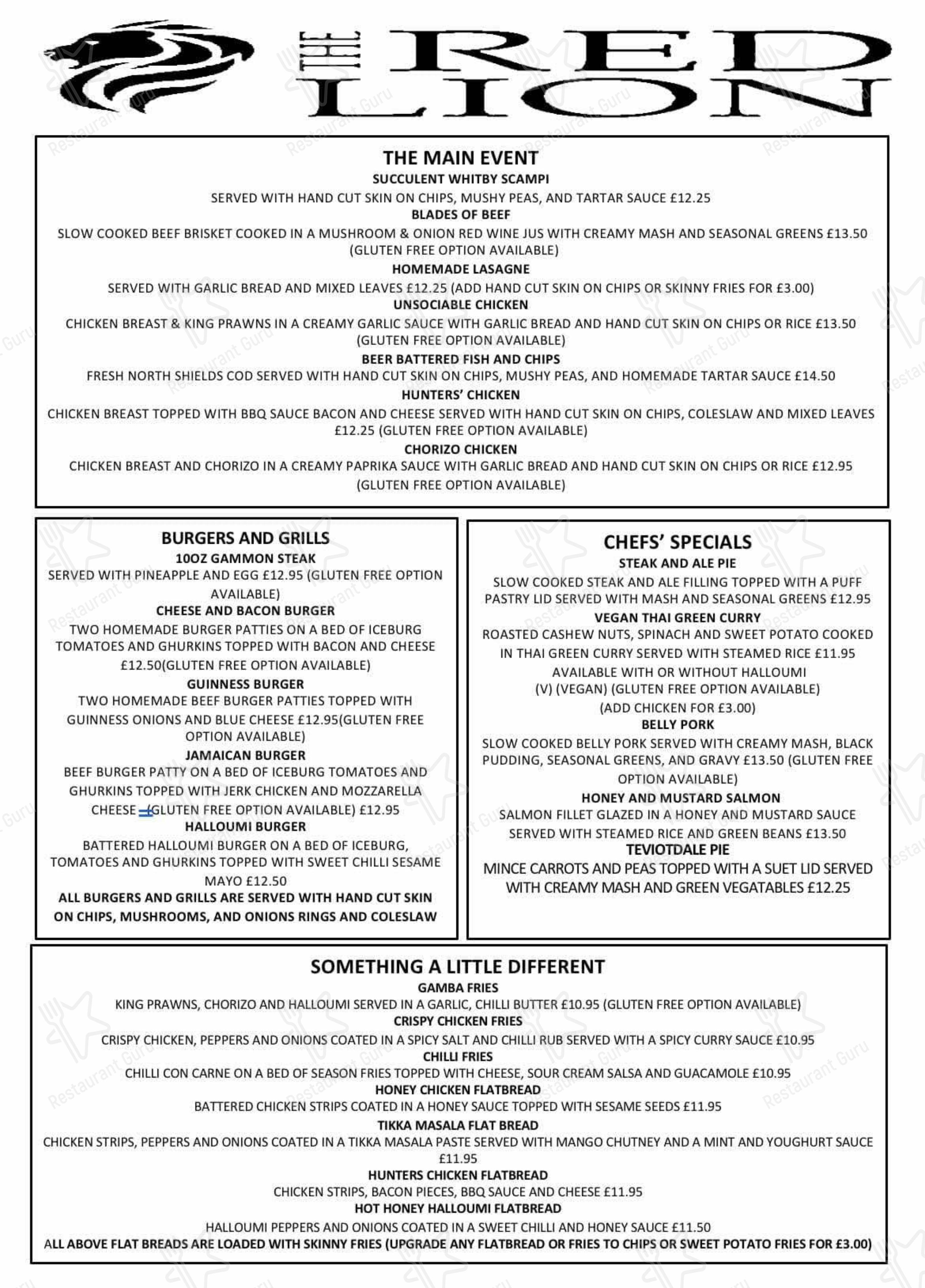 Menu at The Red Lion pub & bar, Whitley Bay