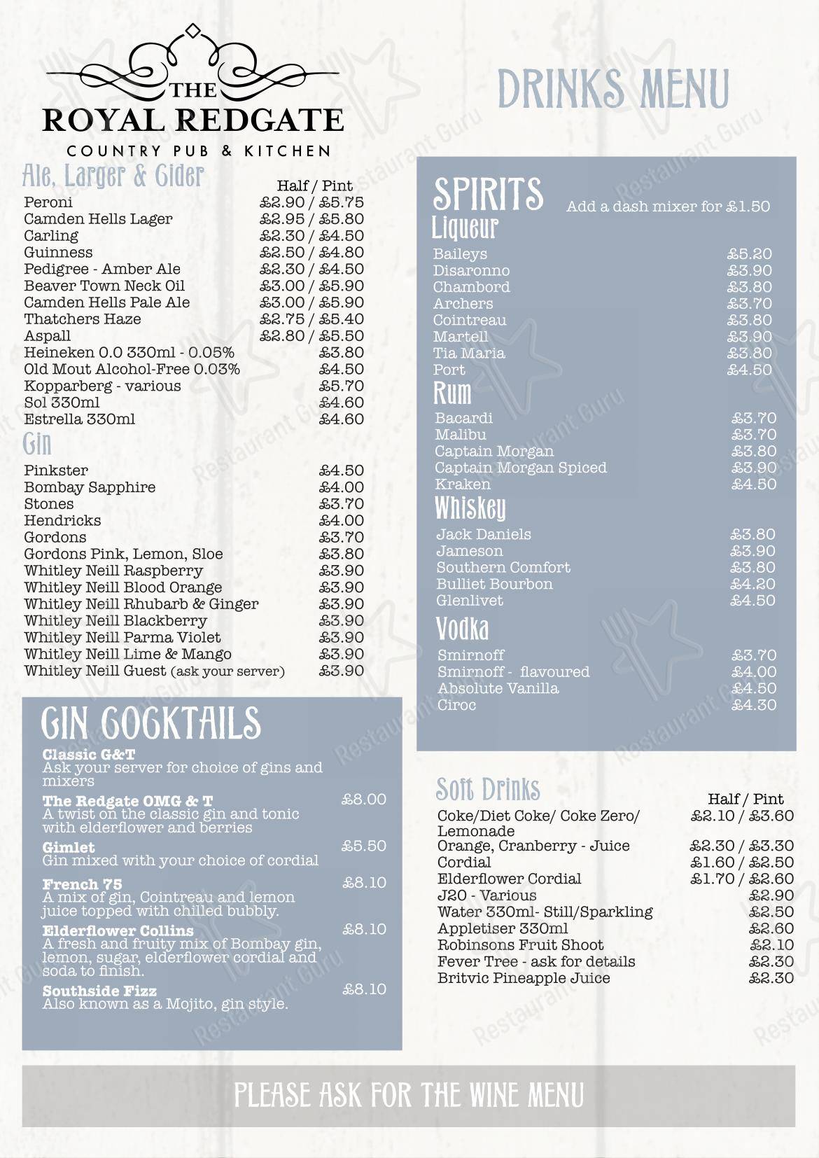Menu at The Royal Redgate pub & bar, Nuneaton, Watling St