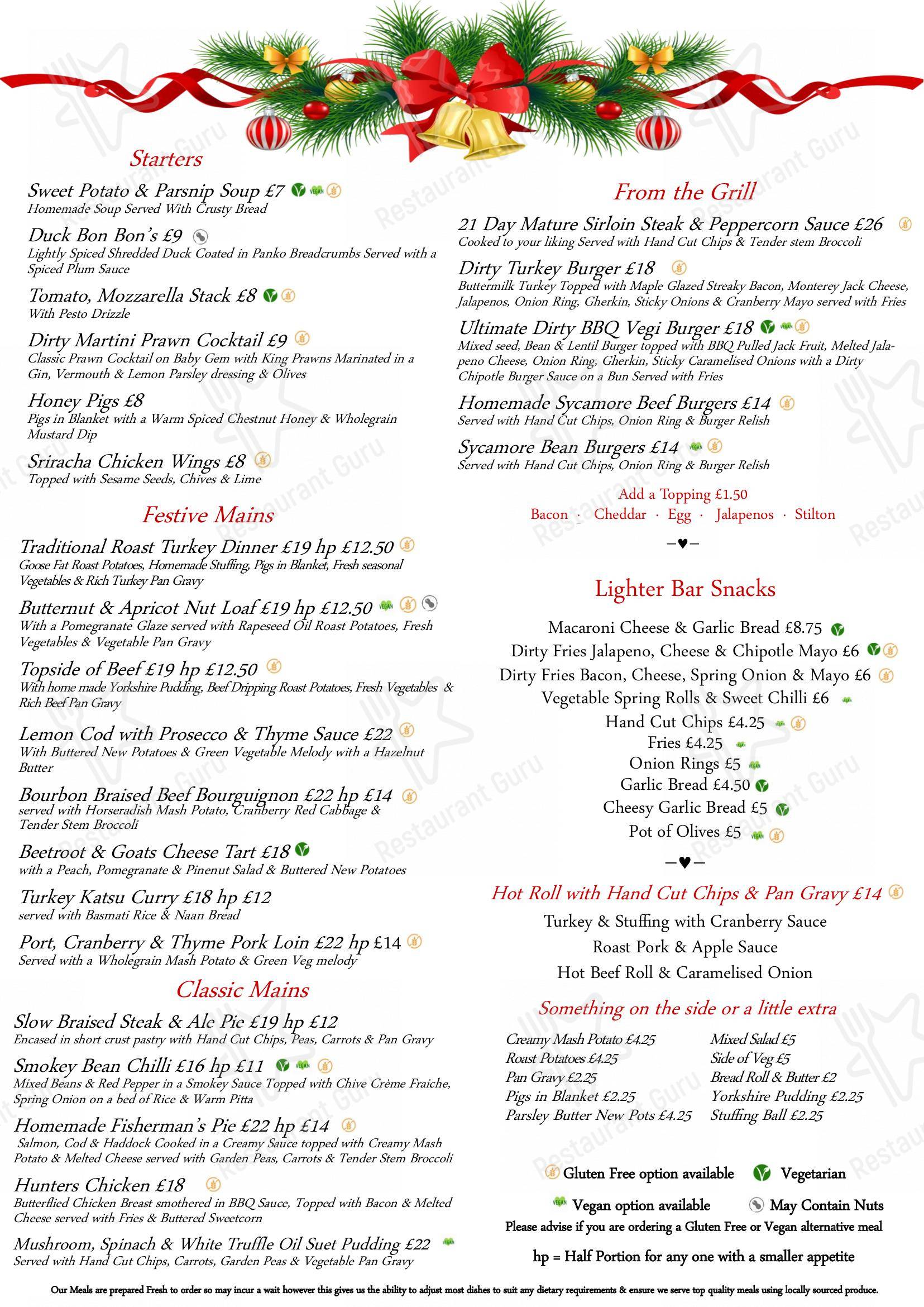 Menu at The Sycamore Inn pub & bar, Birch Vale