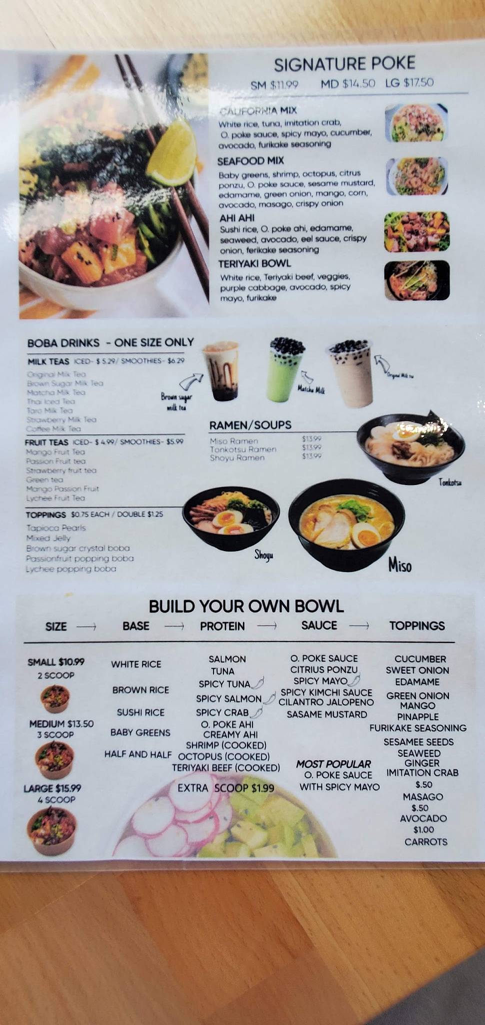 Menu at O. Poke & Boba pub & bar, The Woodlands