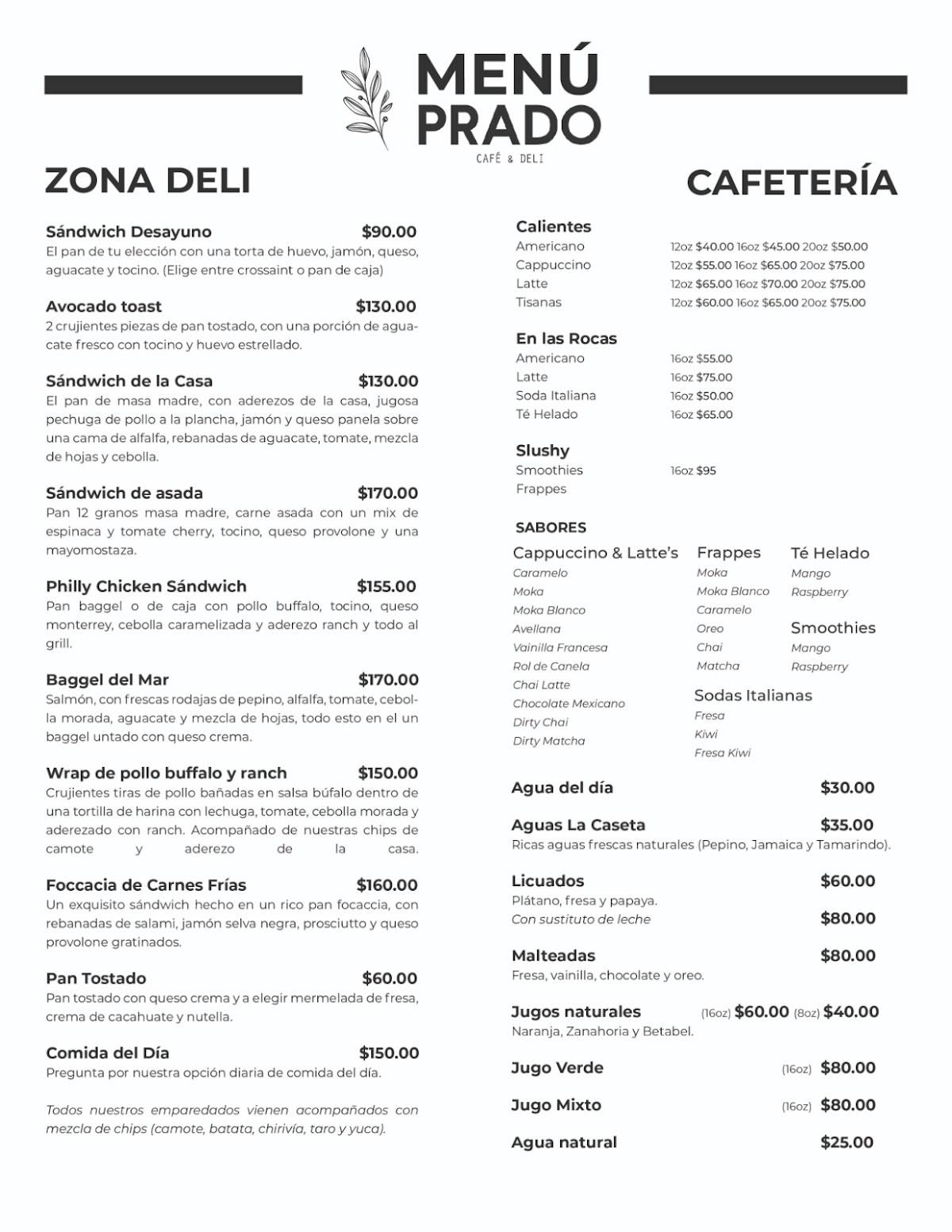 Menu at Prado Café and Deli, Tijuana