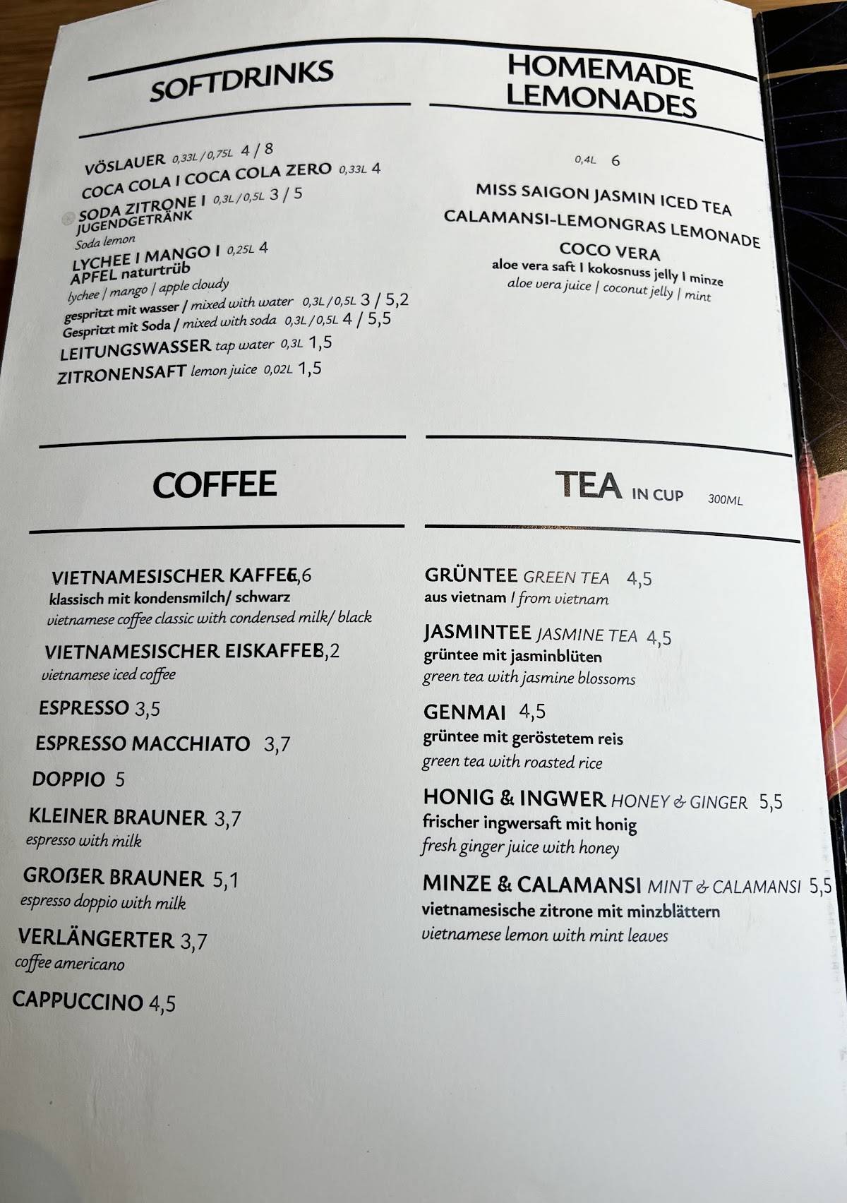Menu au Miss Saigon eatery & bar, Vienne