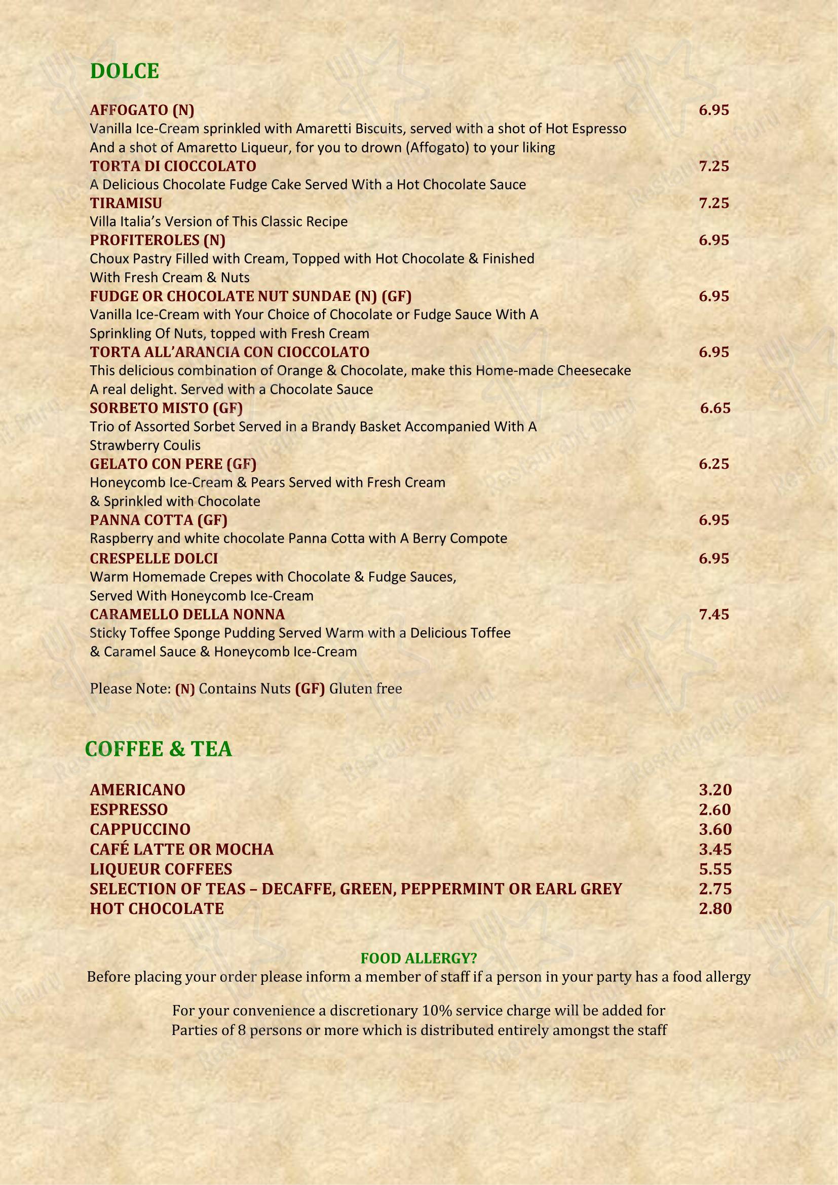 Menu at Villa Italia pizzeria, Belfast