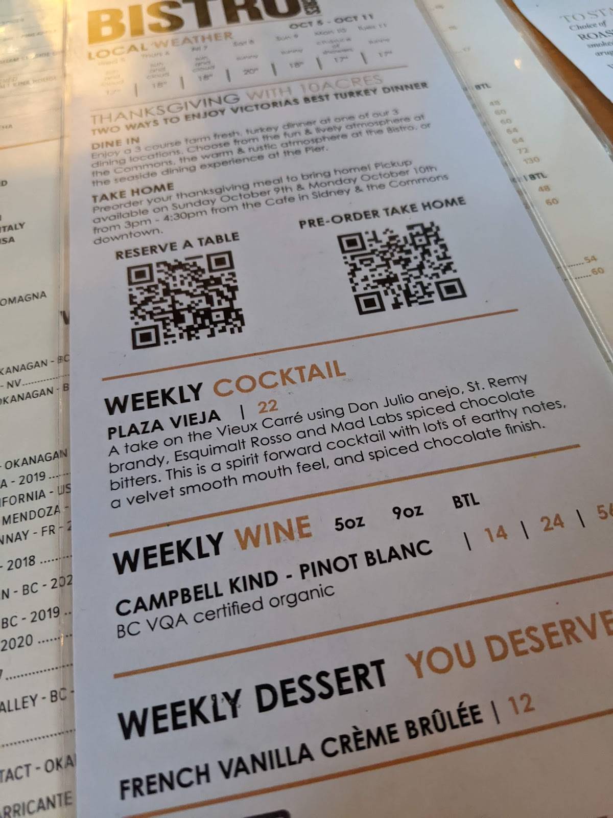 Menu at 10 Acres Bistro restaurant, Victoria