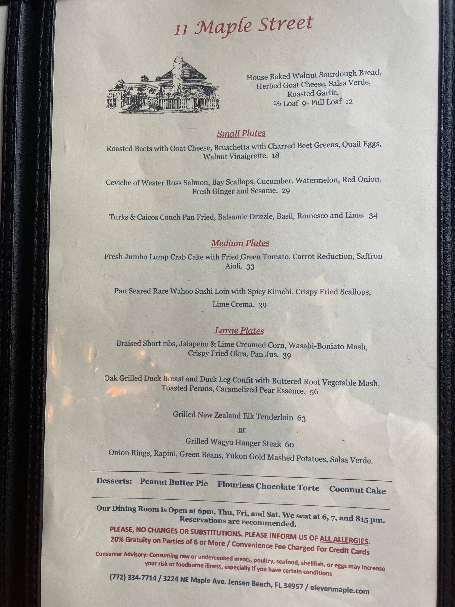Menu at 11 Maple Street restaurant, Jensen Beach