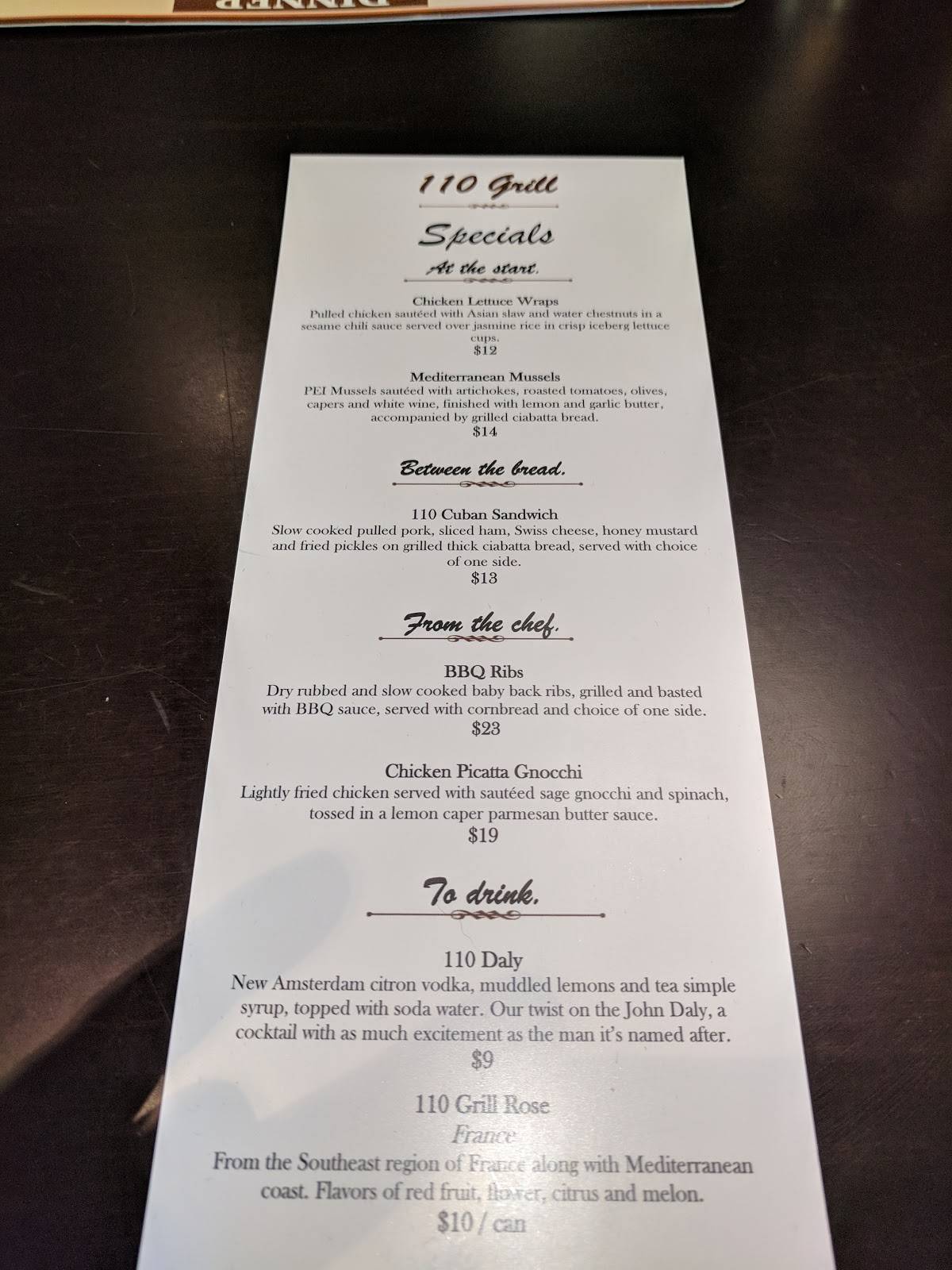 Menu at 110 Grill pub & bar, Athol