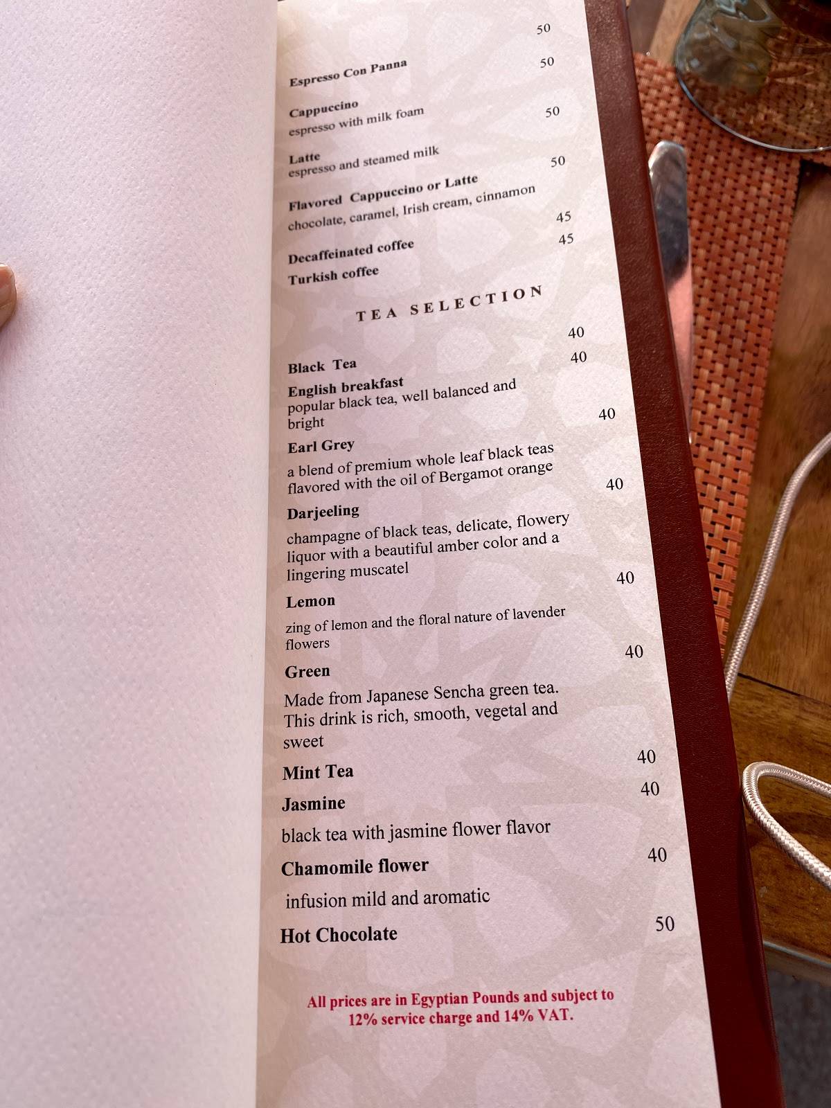 Carta del restaurante 139 Pavilion, Guiza