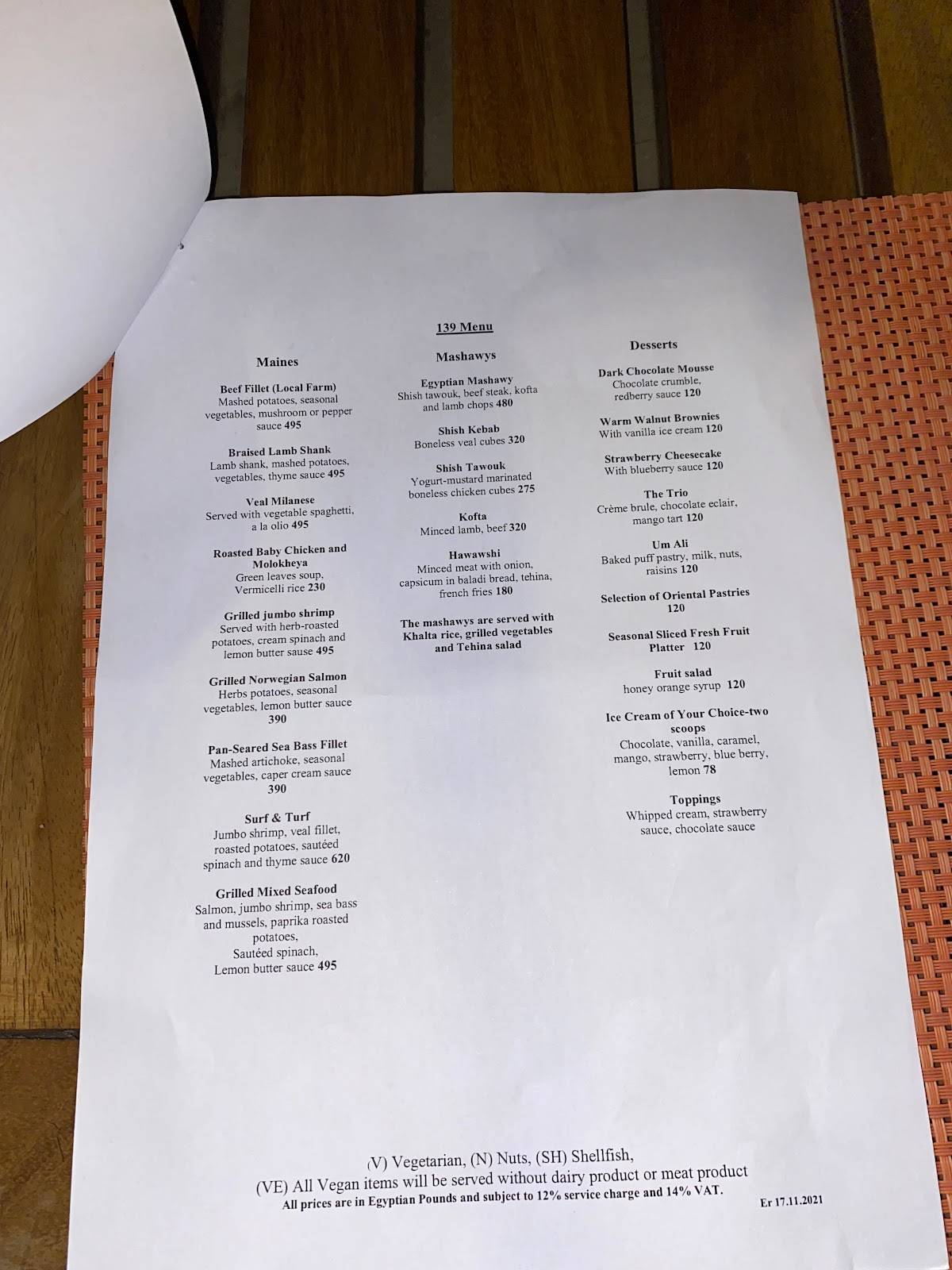 Carta del restaurante 139 Pavilion, Guiza