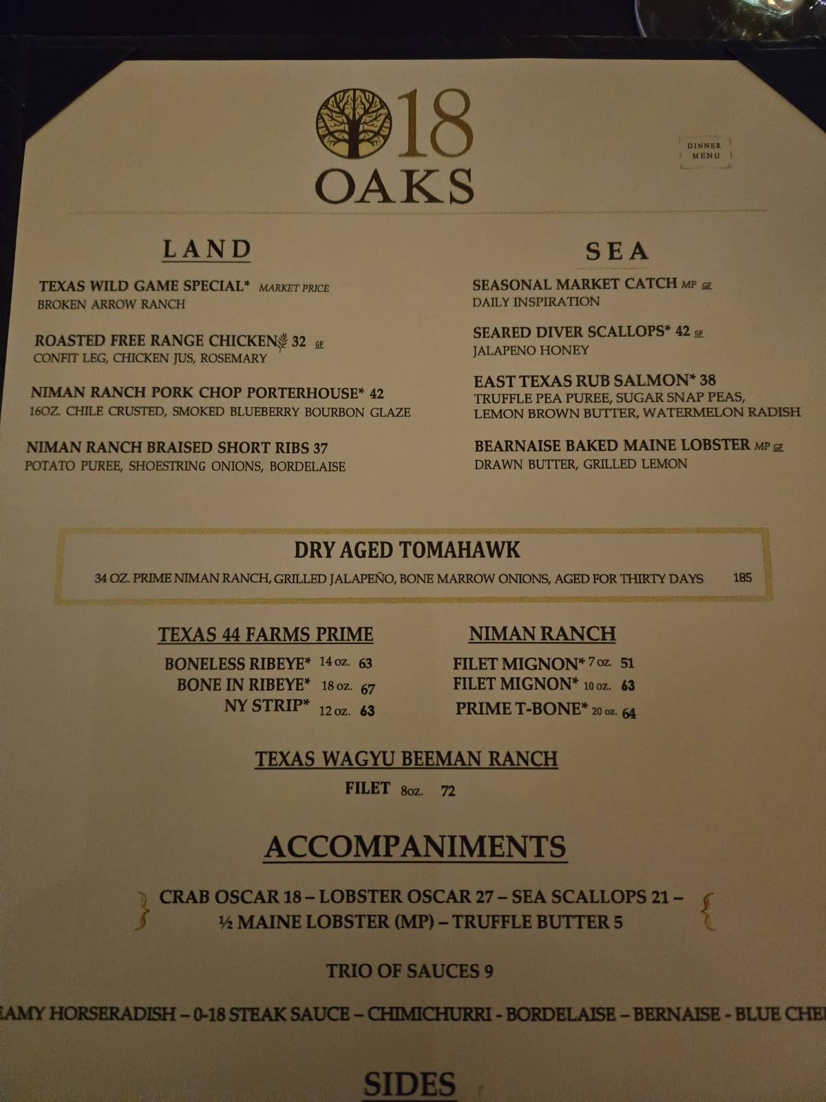 Menu at 18 Oaks steakhouse, San Antonio, Resort Pkwy