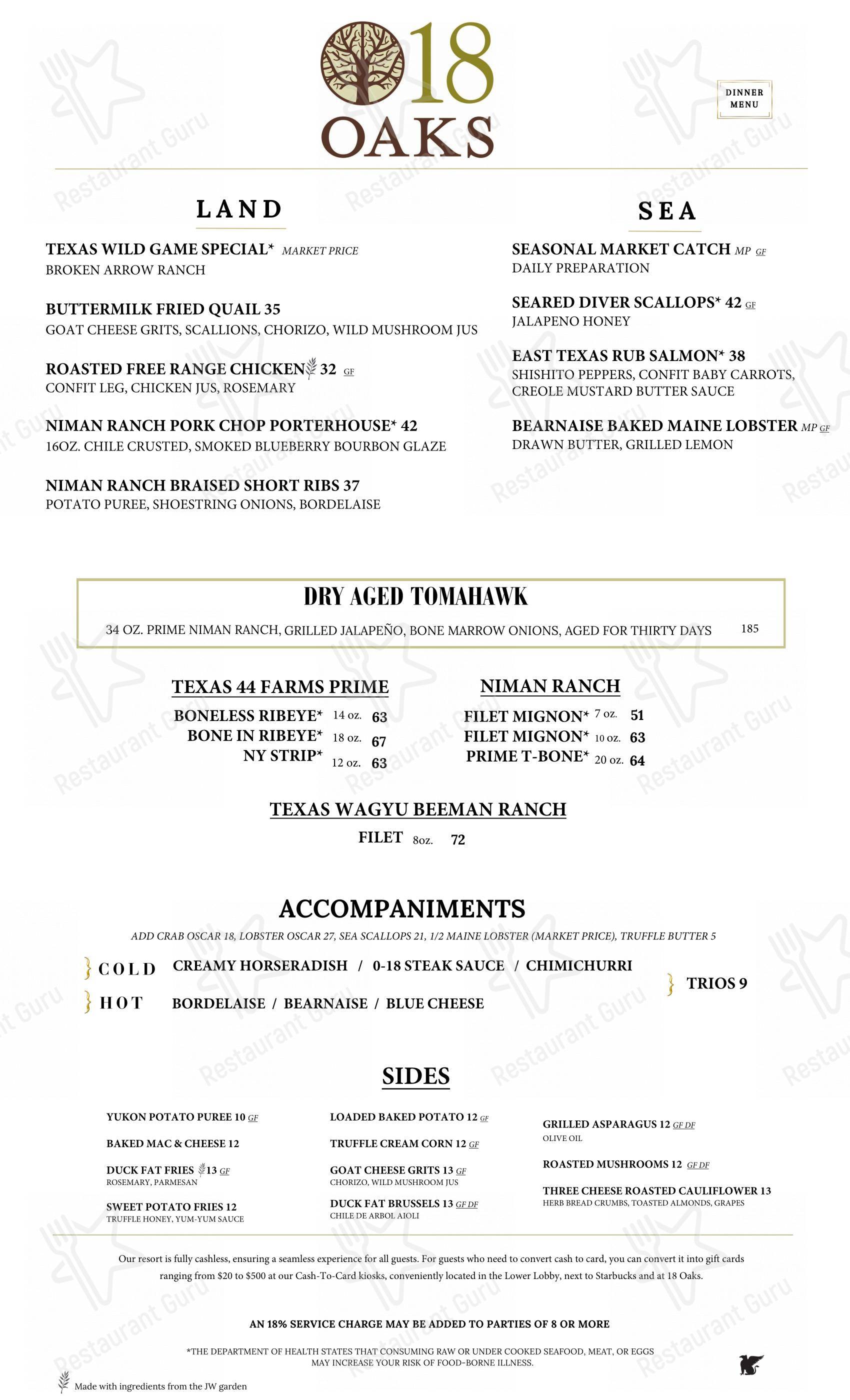 Menu at 18 Oaks steakhouse, San Antonio, Resort Pkwy