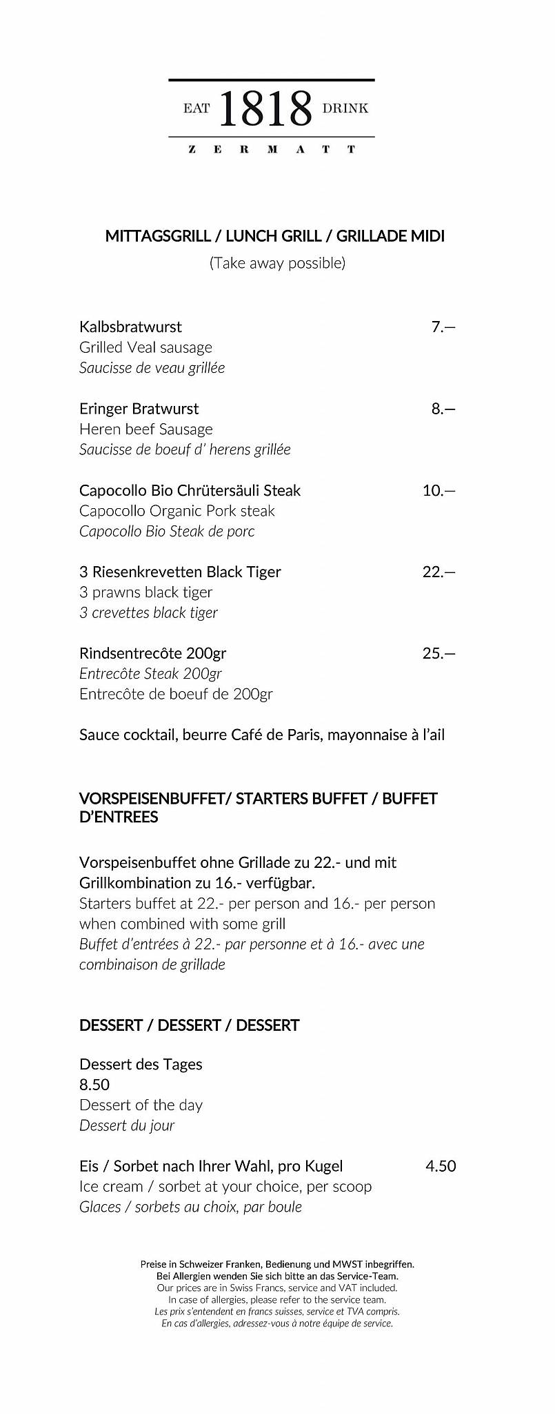 Menu at 1818 Eat & Drink, Zermatt