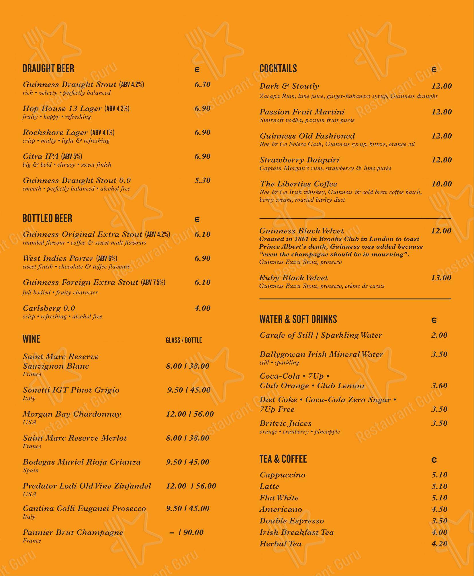 Menu at 1837 Bar & Brasserie at Guinness Storehouse, Dublin