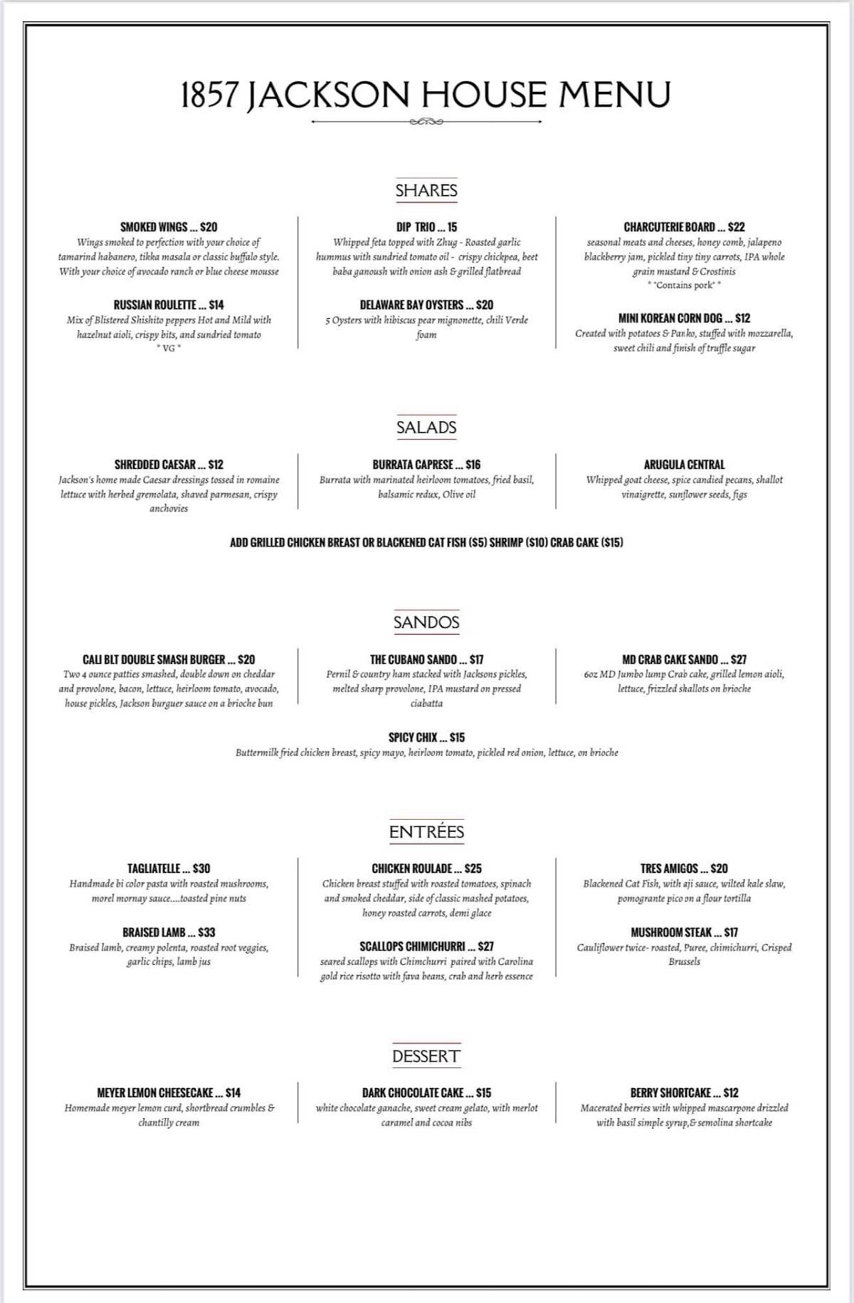 Menu at 1857 Jackson House restaurant, Dover