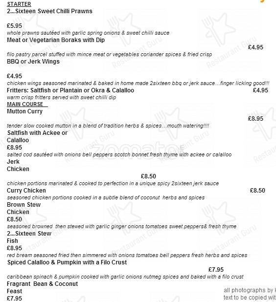 Menu at 2 Sixteen restaurant, London