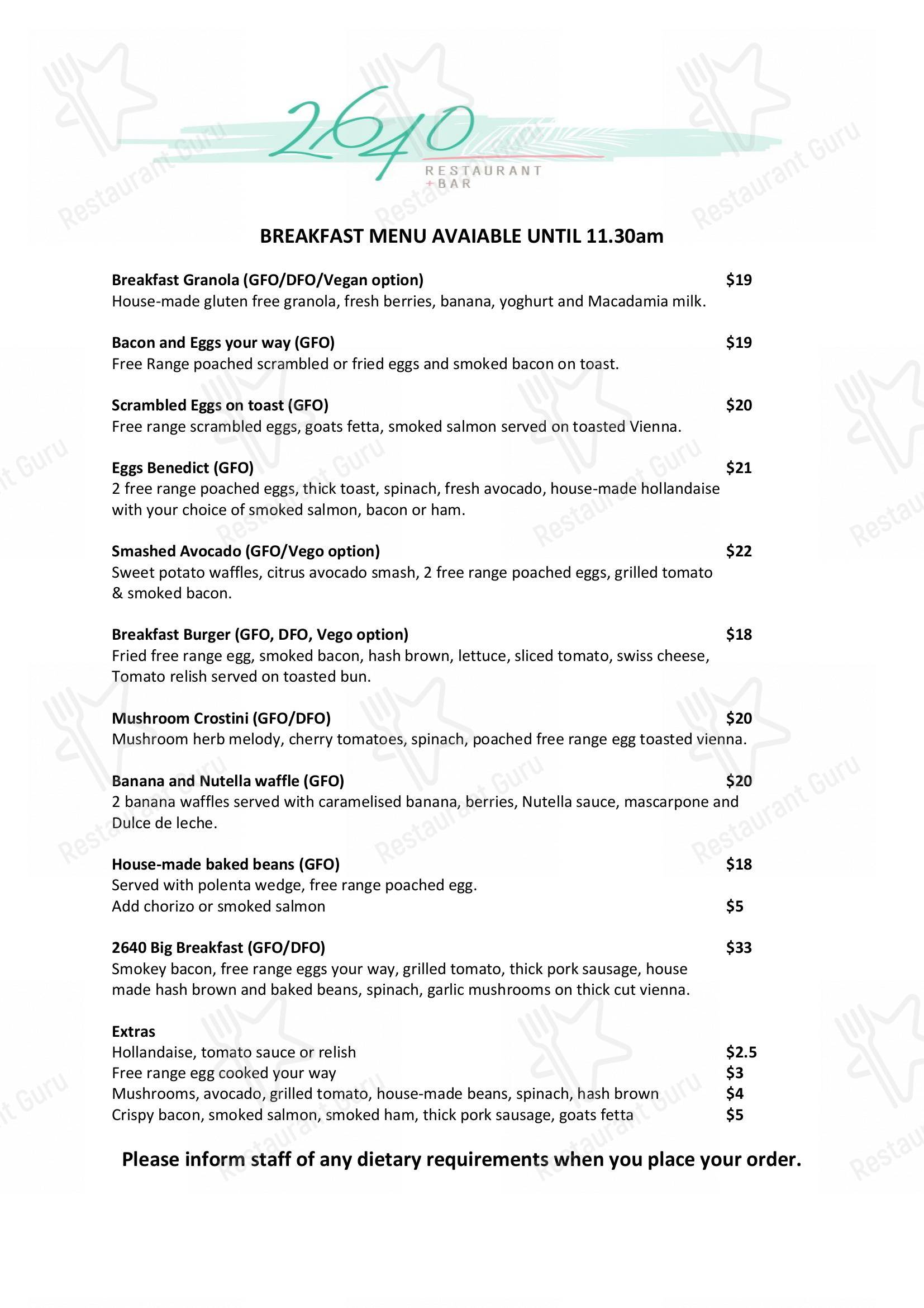 Menu at 2640 Restaurant and Bar, Albury