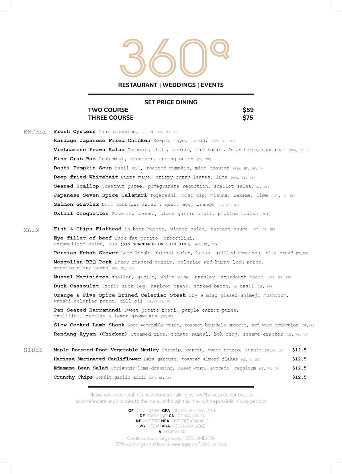 Menu at 360Q restaurant, Queenscliff