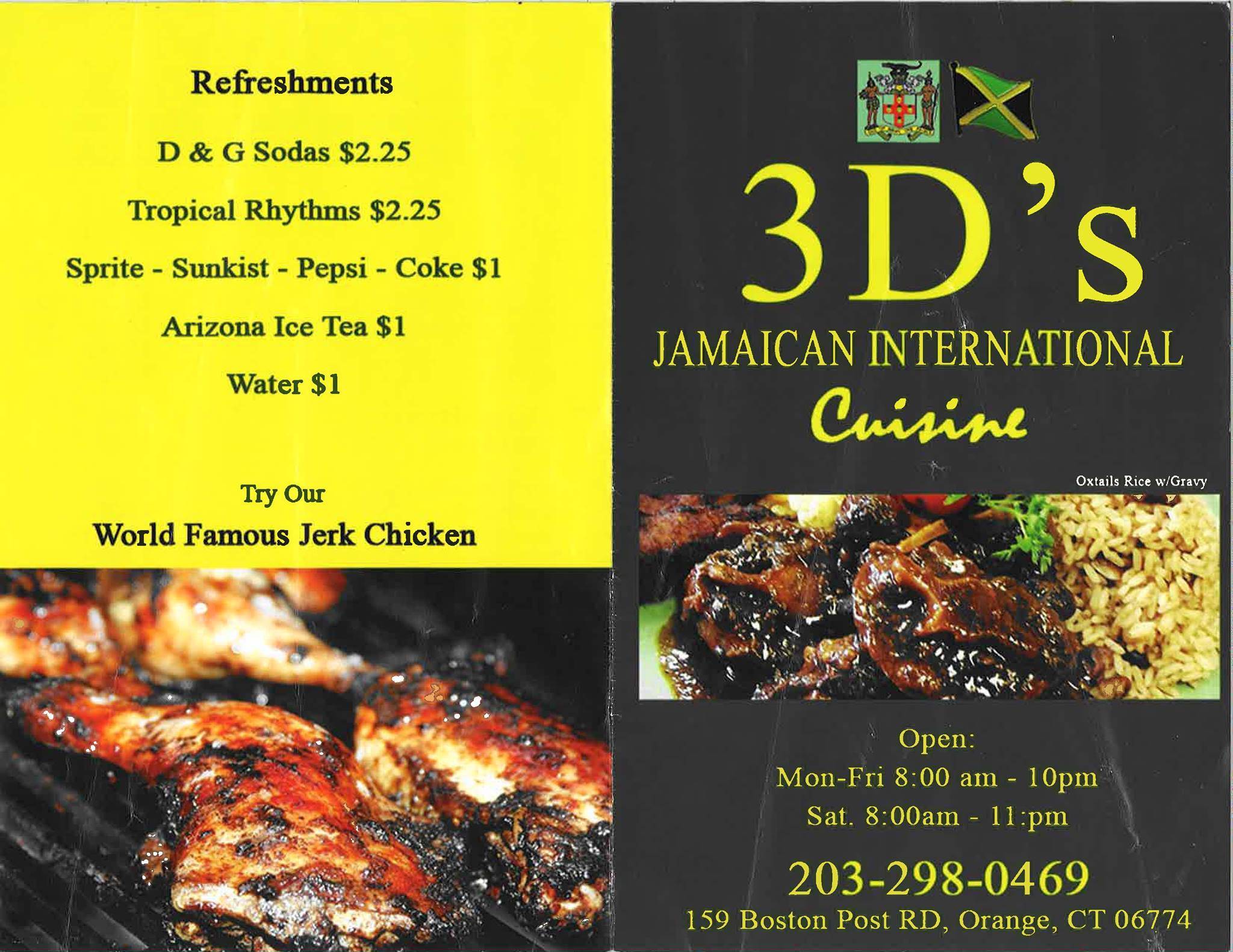 Menu at 3D’s Jamaican International Cuisine restaurant, Orange