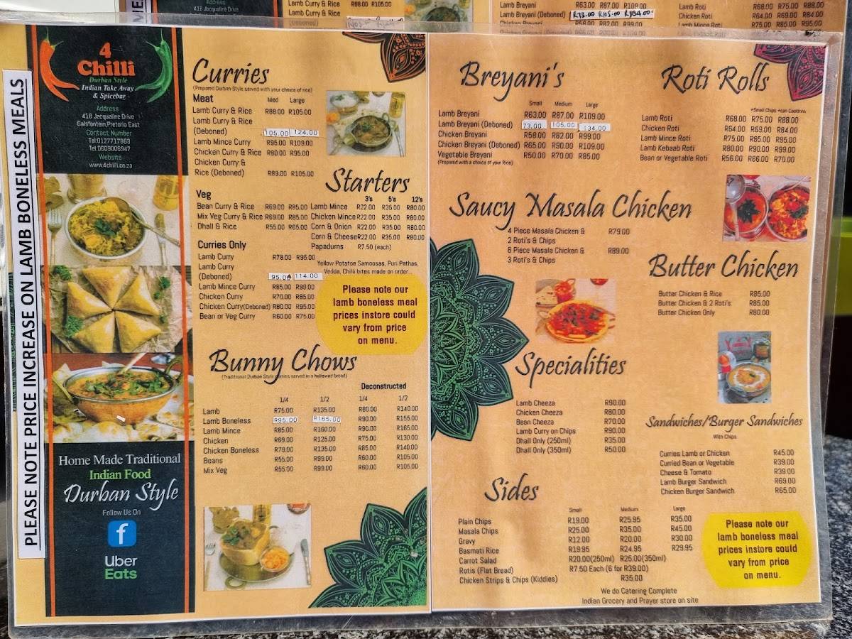 Menu at 4 Chilli Indian Takeaway & Spicebar, Pretoria, Business House