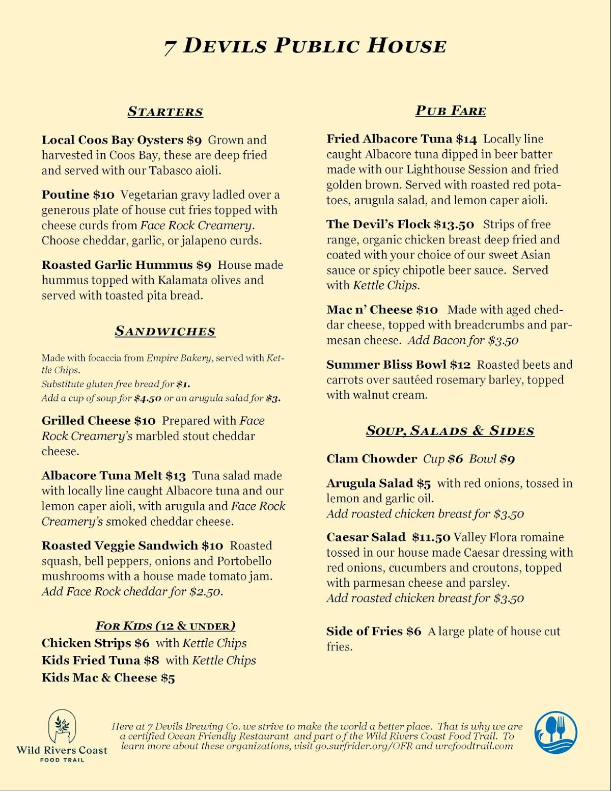 Menu at 7 Devils Brewery and Public House, Coos Bay
