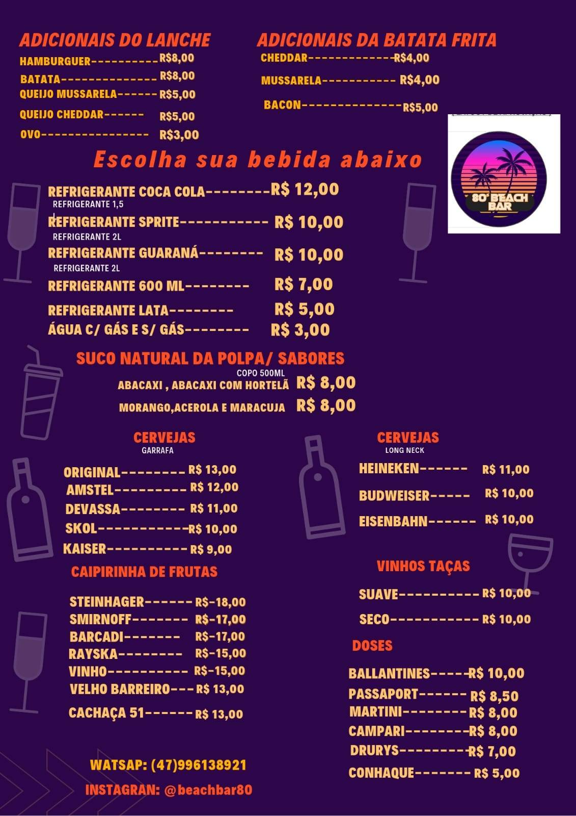 Menu em 80's Beach Bar, Brasil