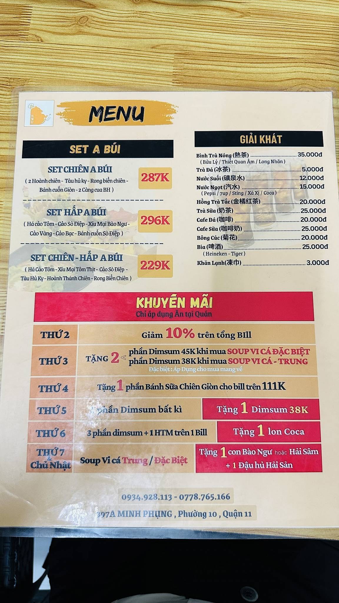 Menu at A Búi Dimsum restaurant, Ho Chi Minh City