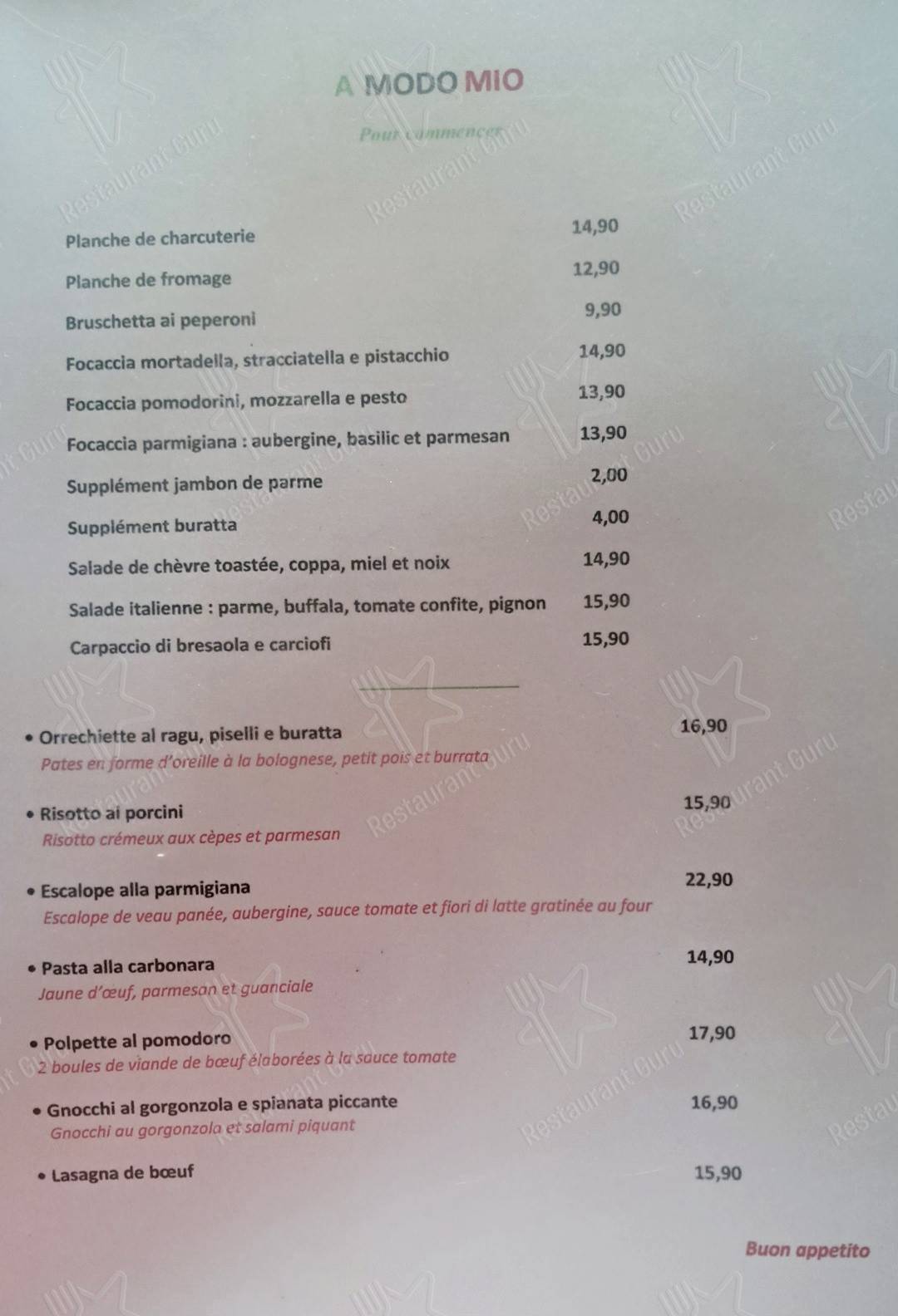 Menu au À Modo Mio restaurant, Roquebrune-sur-Argens