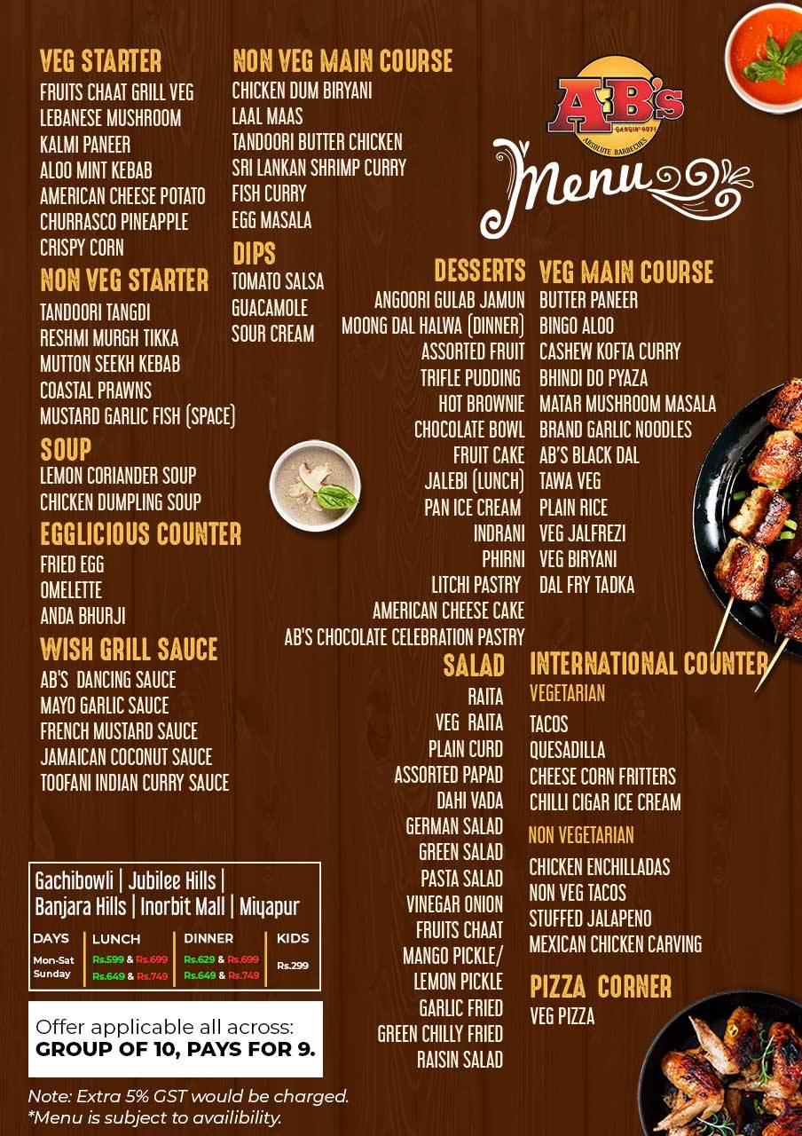 Menu at AB's - Absolute Barbecues Inorbit Mall, Hyderabad, Hyderabad, T ...