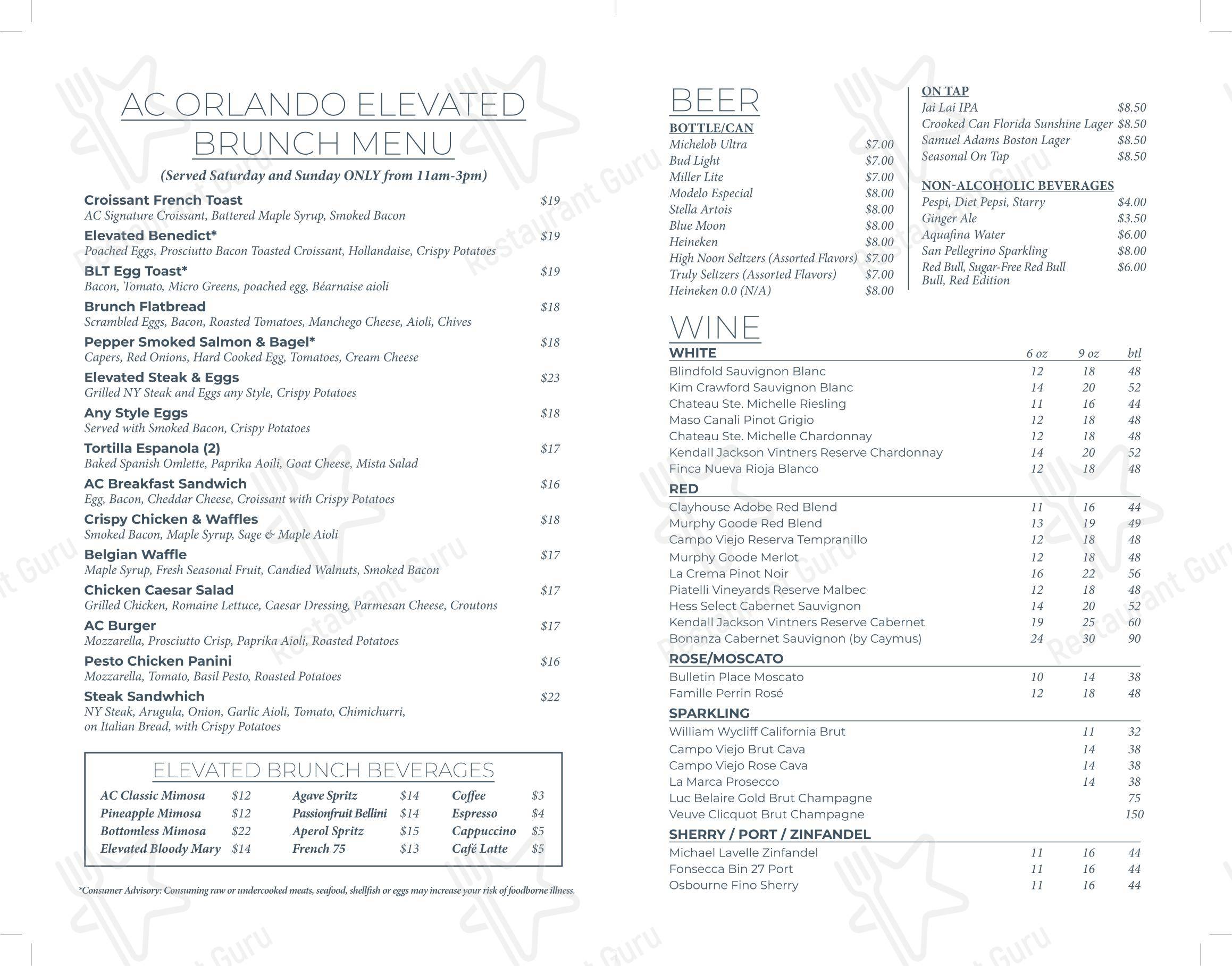 Menu at AC Sky Bar, Orlando