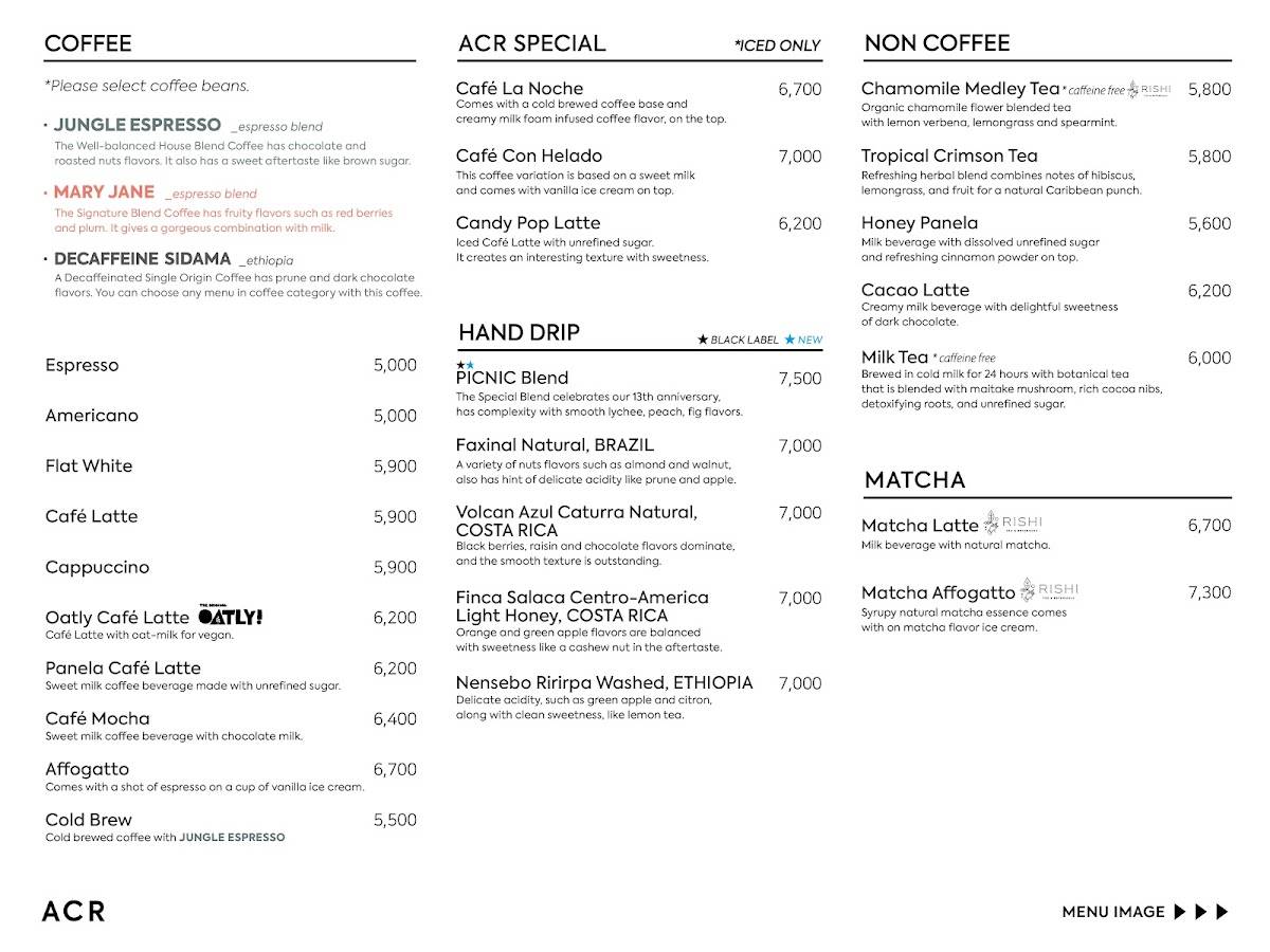 Menu at ACR • Alegria Coffee Roasters, Seongnam-si, 230 Pangyoyeok-ro