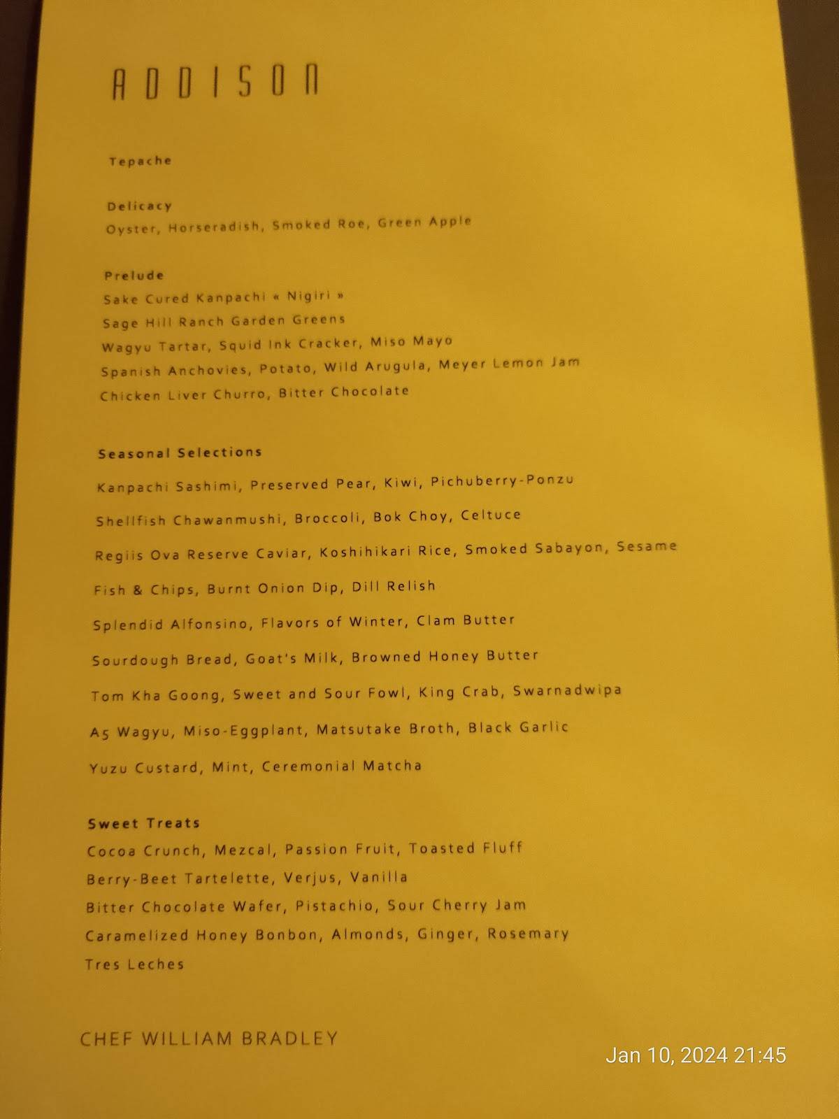 Menu at ADDISON restaurant, San Diego