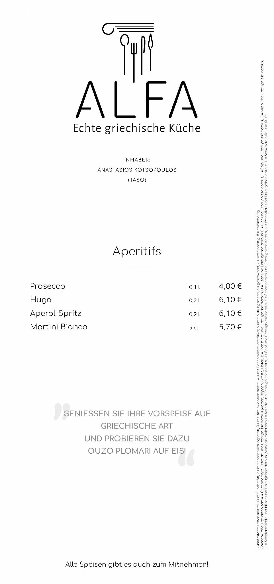 Speisekarte von ALFA - Echte griechische Küche restaurant, Weiden in ...