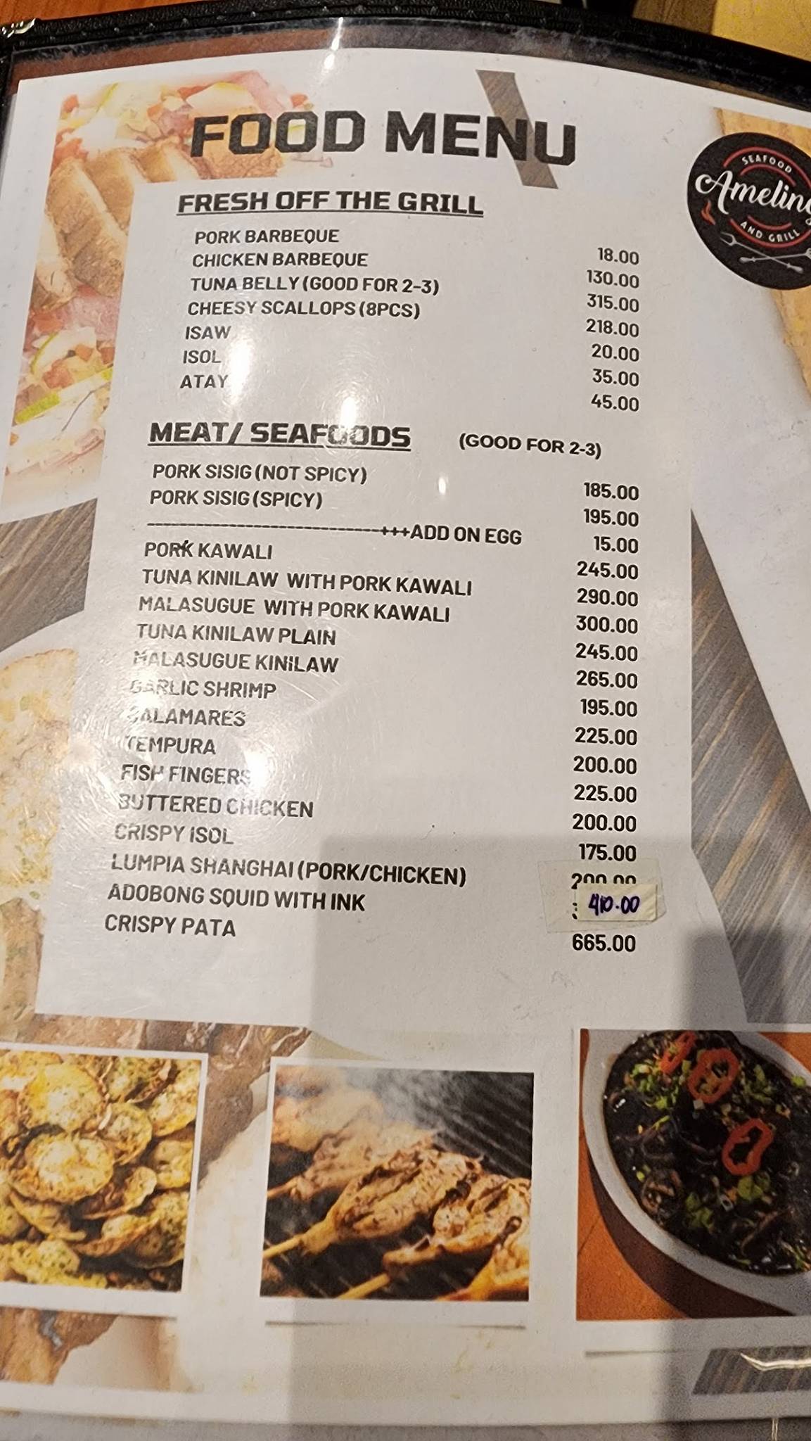 Menu at AMELING'S SEAFOOD AND GRILL restaurant, Davao City