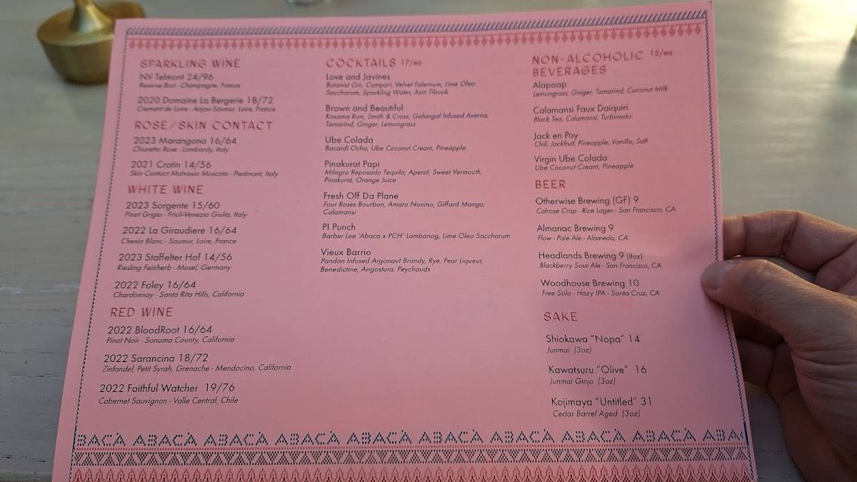 Menu at Abacá restaurant, San Francisco, Jones St