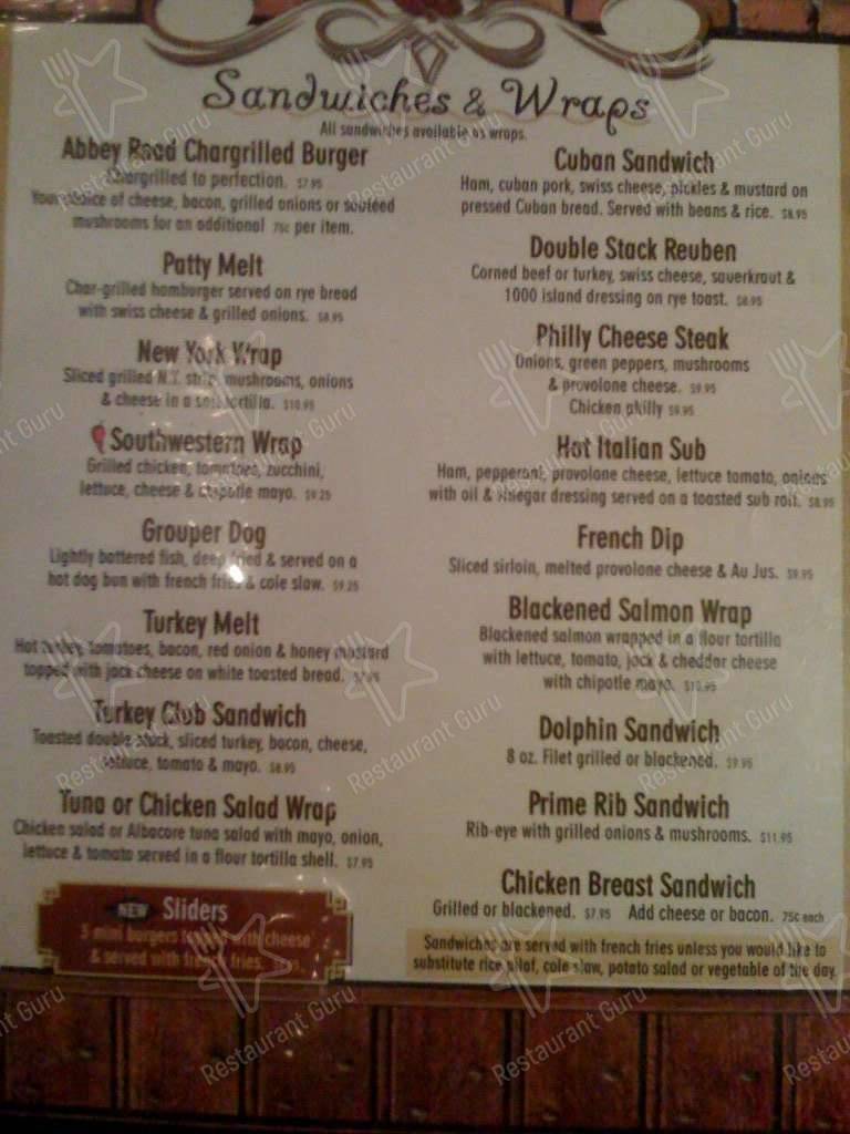 Menu at Abbey Road Social Club, West Palm Beach