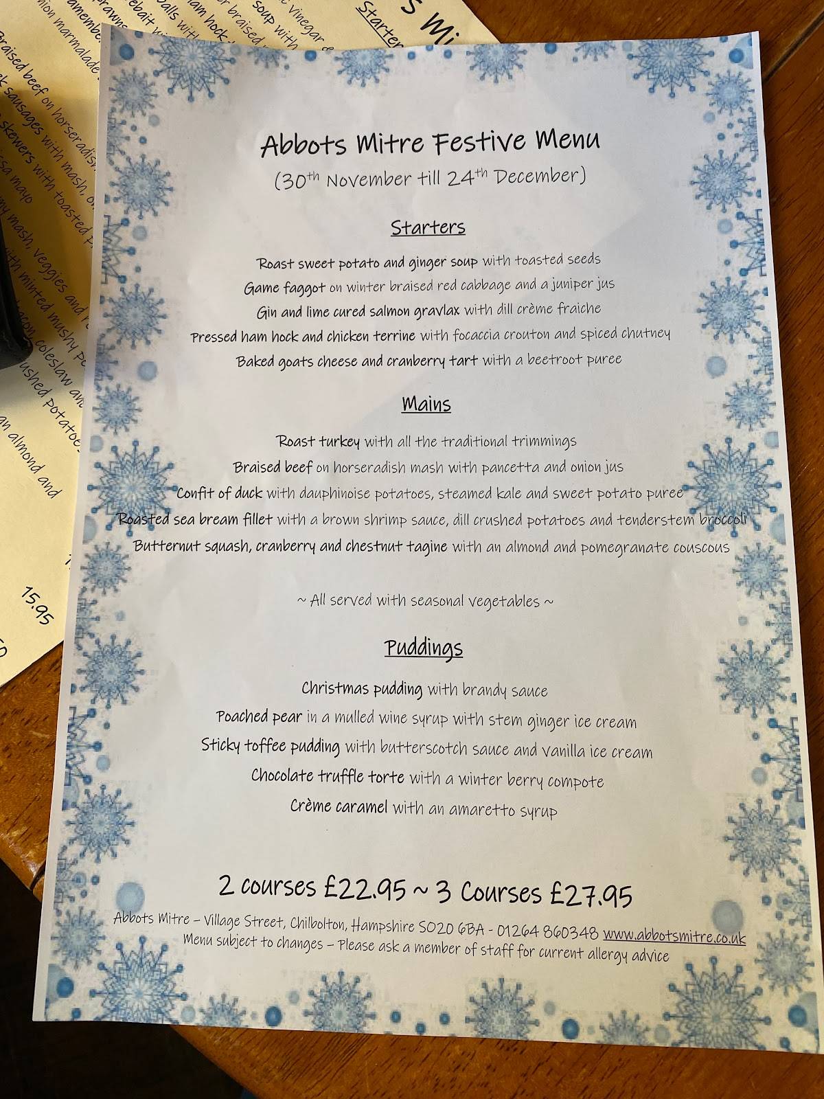 Menu at Abbots Mitre pub & bar, Stockbridge