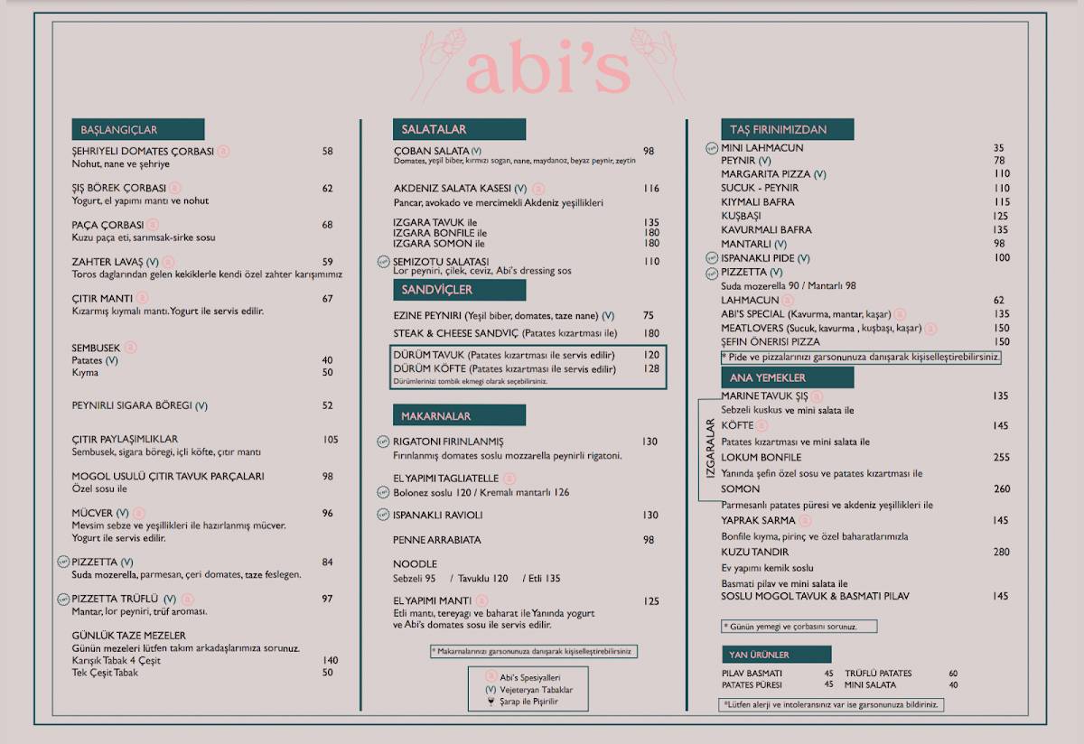 Menu at Abi's Maslak Restaurant, Maslak Mahallesi