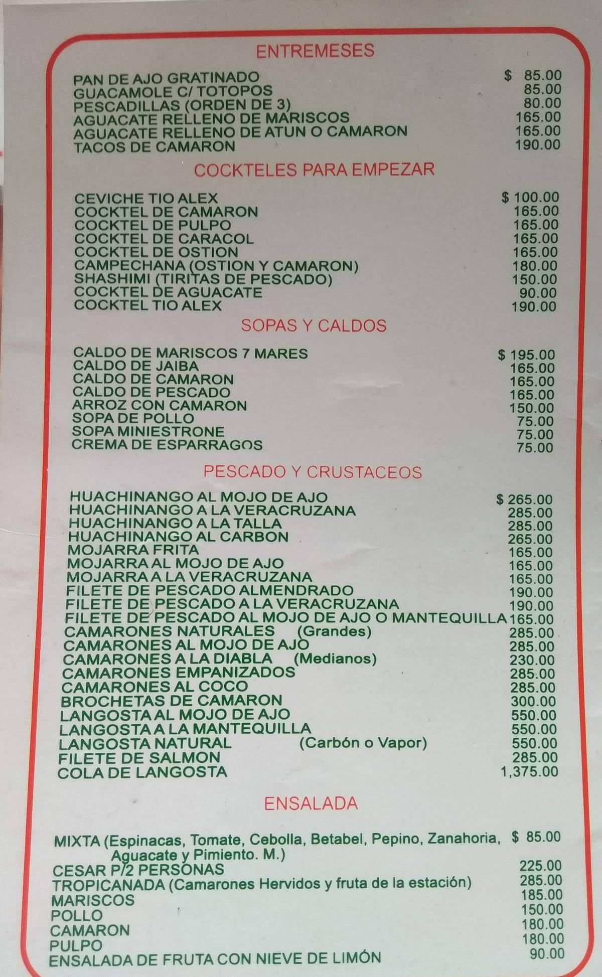 Carta del restaurante Tío Alex Mariscos y Carnes, Acapulco