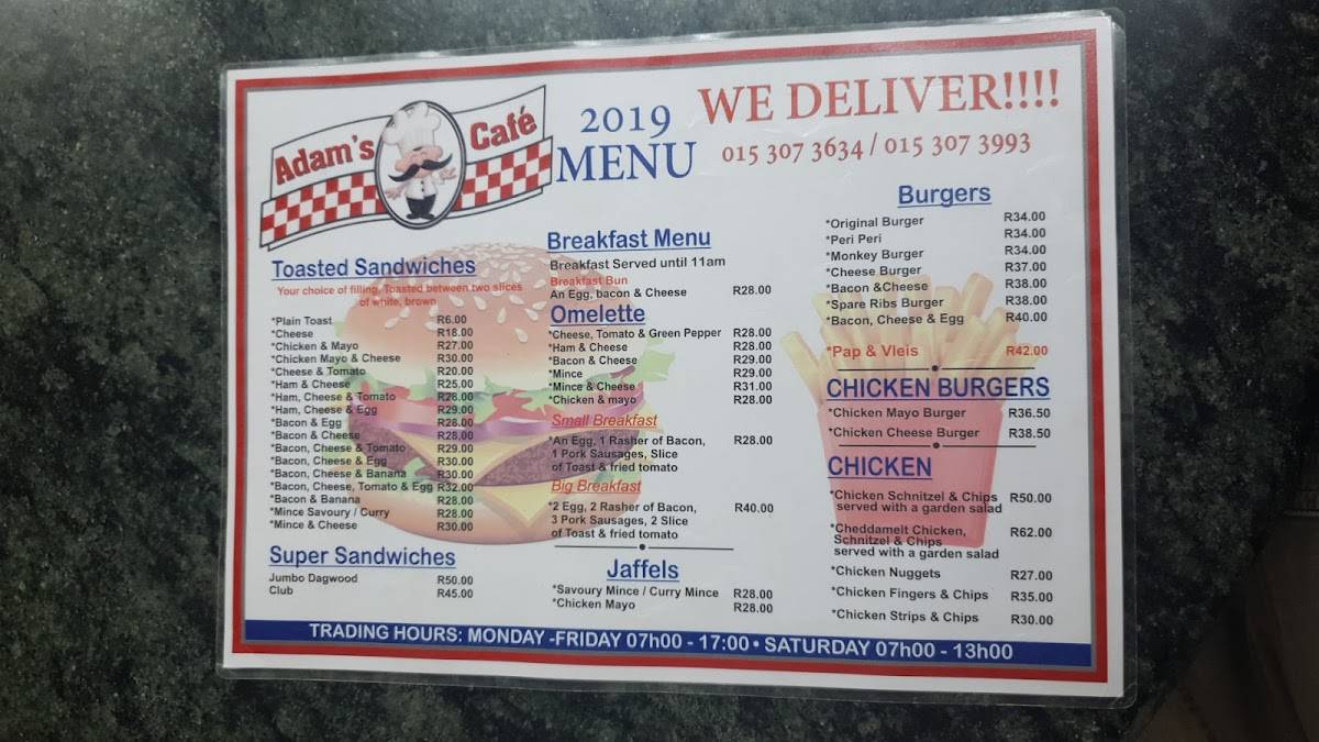 Menu at Adam's Cafe & Takeaways, Tzaneen