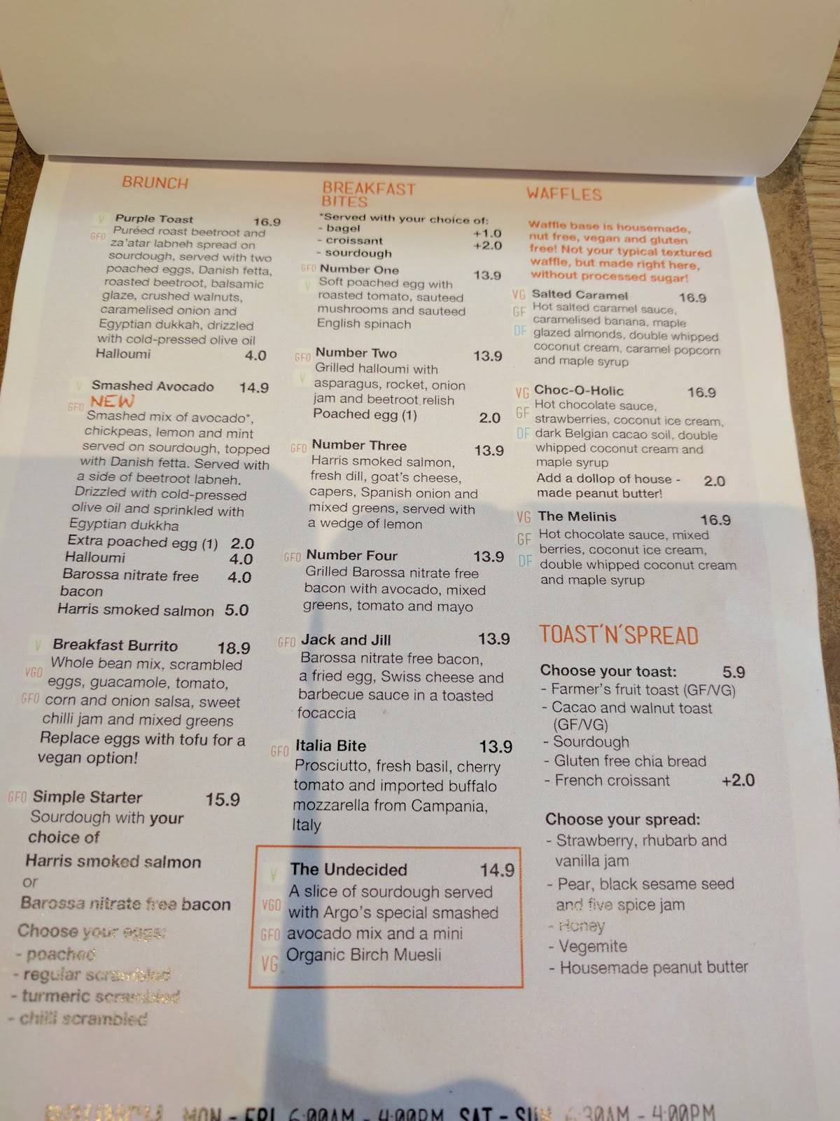 Menu at Argo on the Parade pub & bar, Norwood