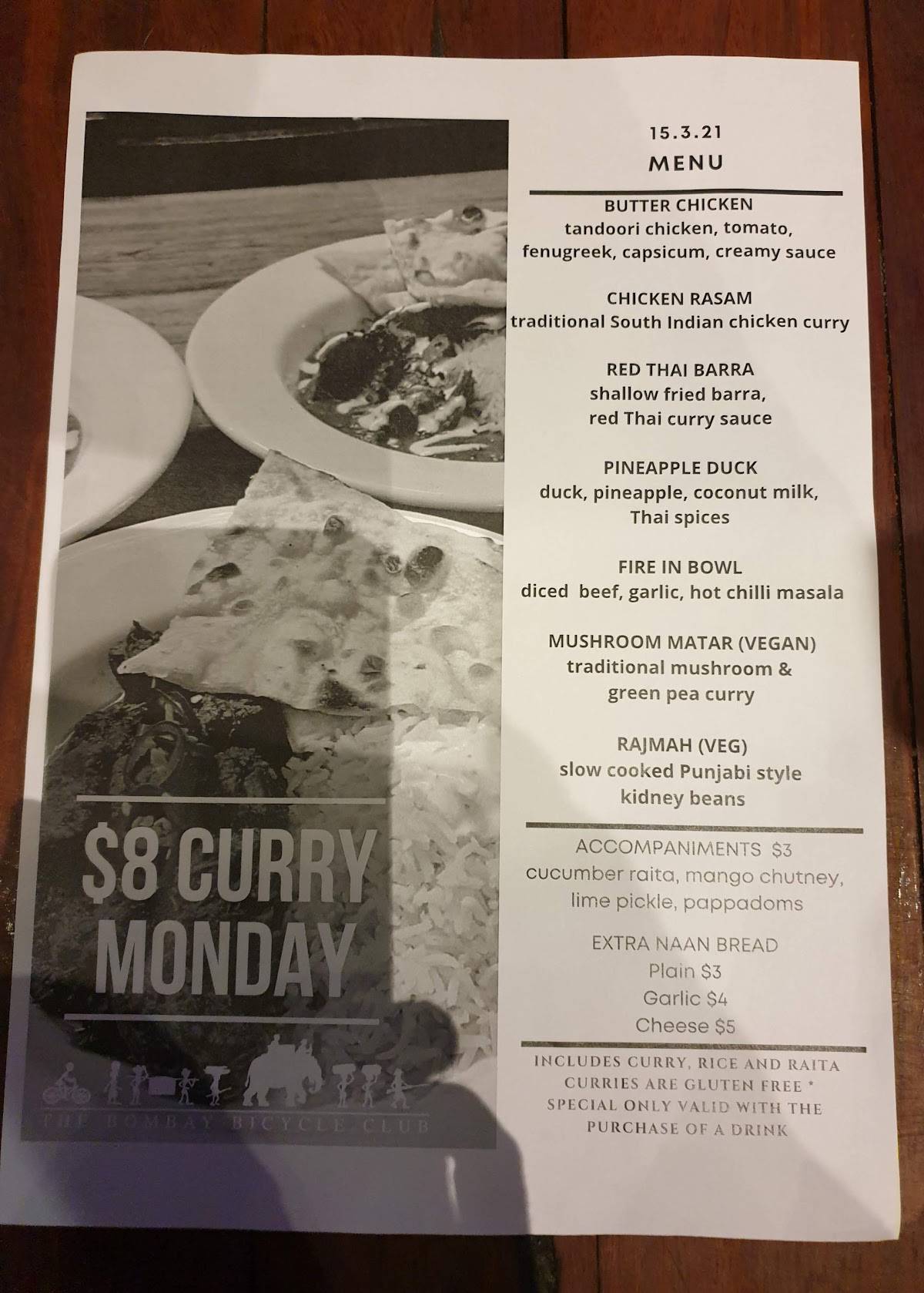 Menu at Bombay Bicycle Club, Ovingham, 29 Torrens Rd