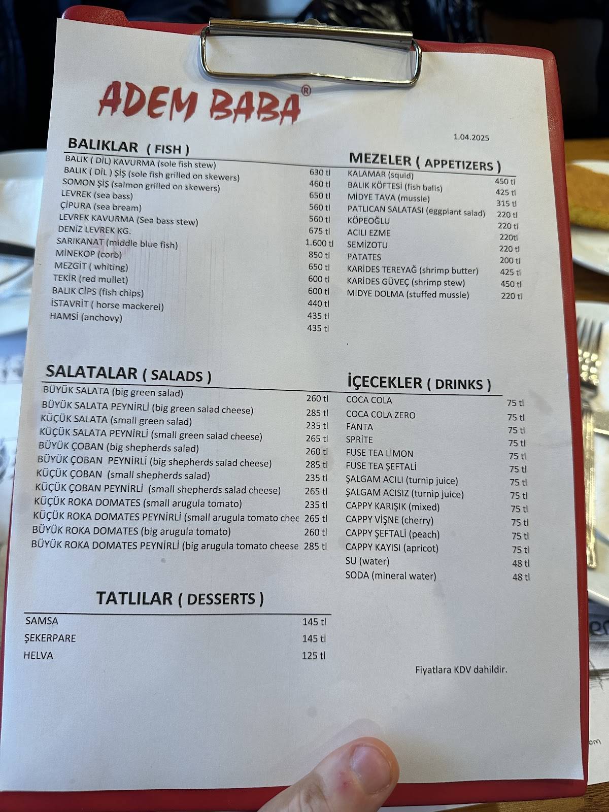 Menu at Adem Baba, Istanbul, Satış Meydanı Sk. No:2