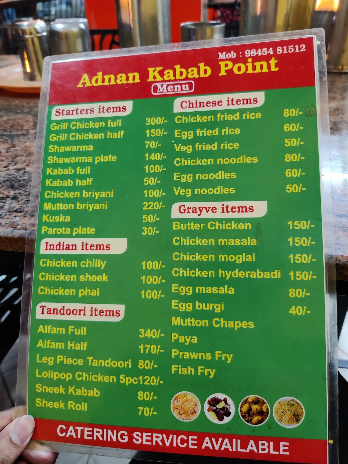 Menu at Adnan kabab point, Bengaluru