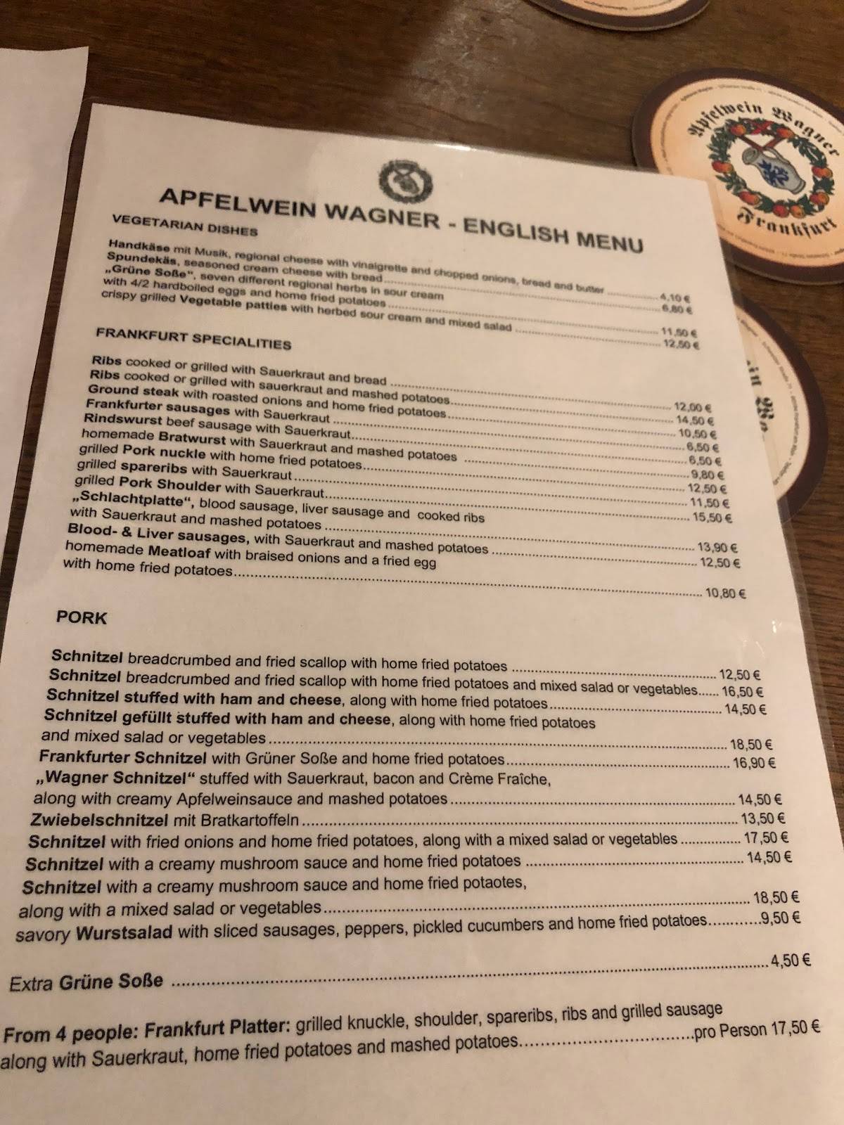 Speisekarte von Apfelwein Wagner pub & Bar, Frankfurt am Main