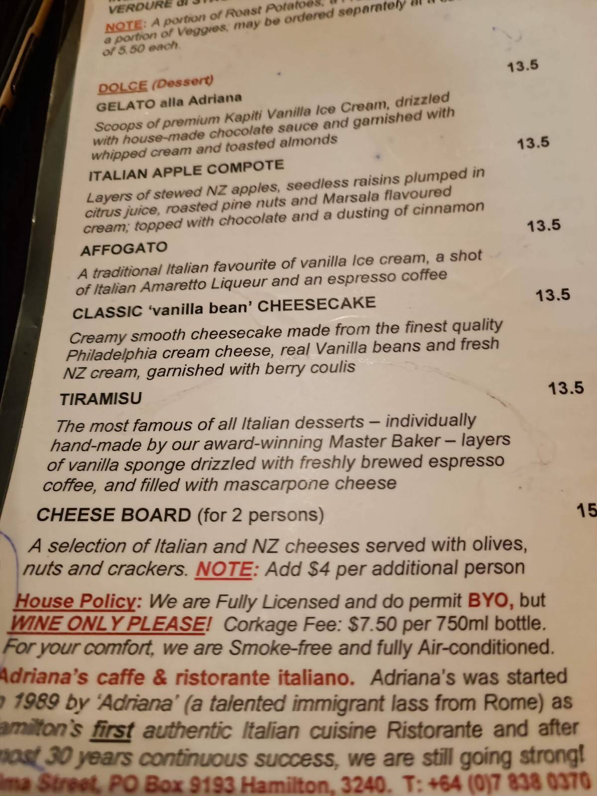 Menu at Adriana's Restaurant, Hamilton