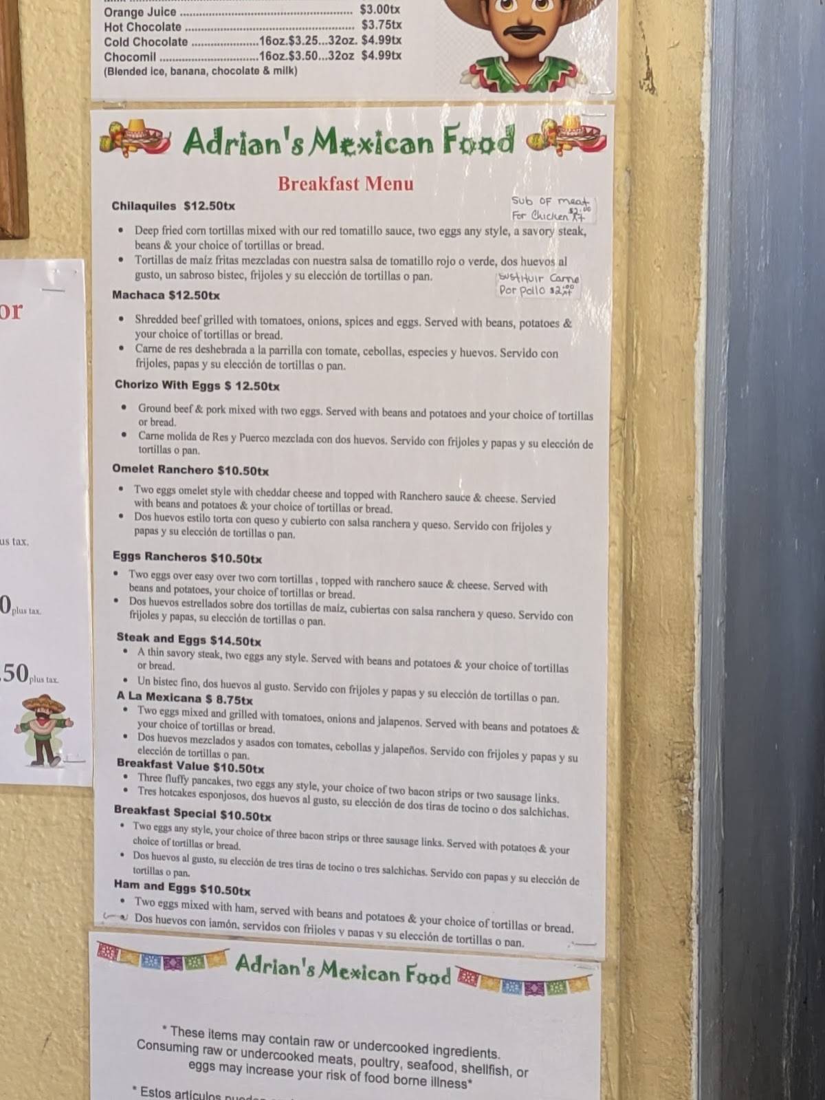 Menu at Adrian's #2 restaurant, Mesa