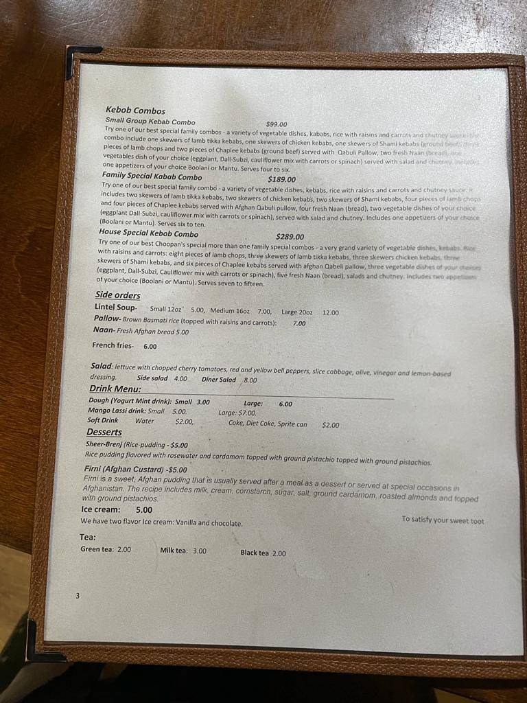 Menu at Afghan Choopan Restaurant, Bothell